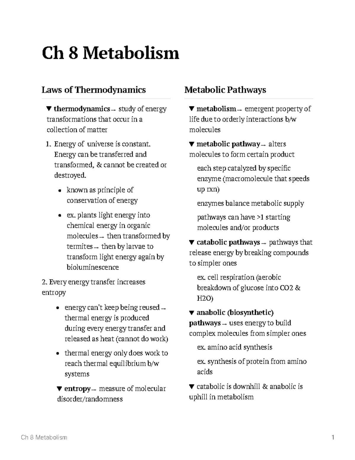 Ch 8 Metabolism - Chapter 8 Notes Summarized - Ch 8 Metabolism Laws of ...
