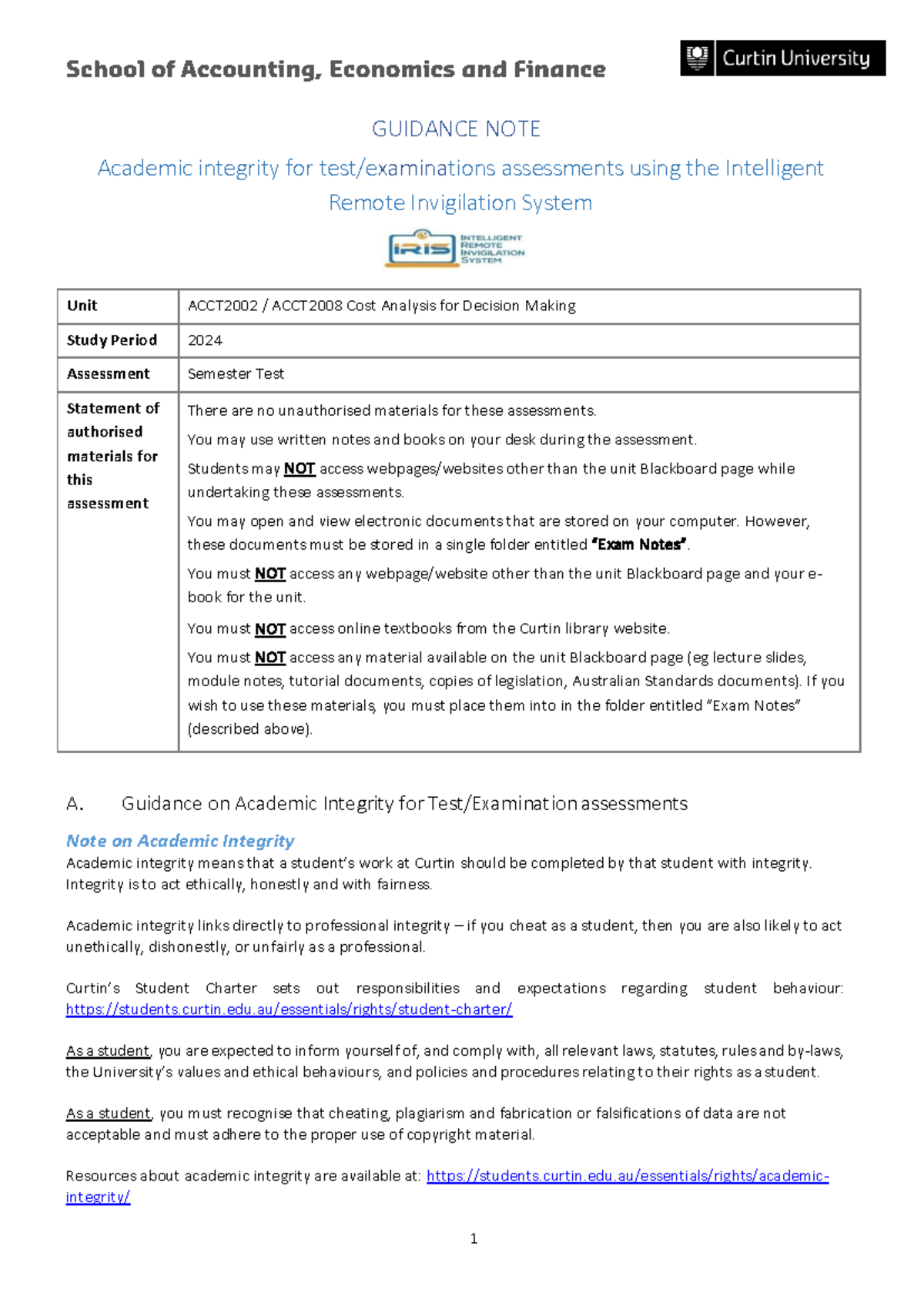 Guidance note IRIS - 2024——2002 - GUIDANCE NOTE Academic integrity for ...