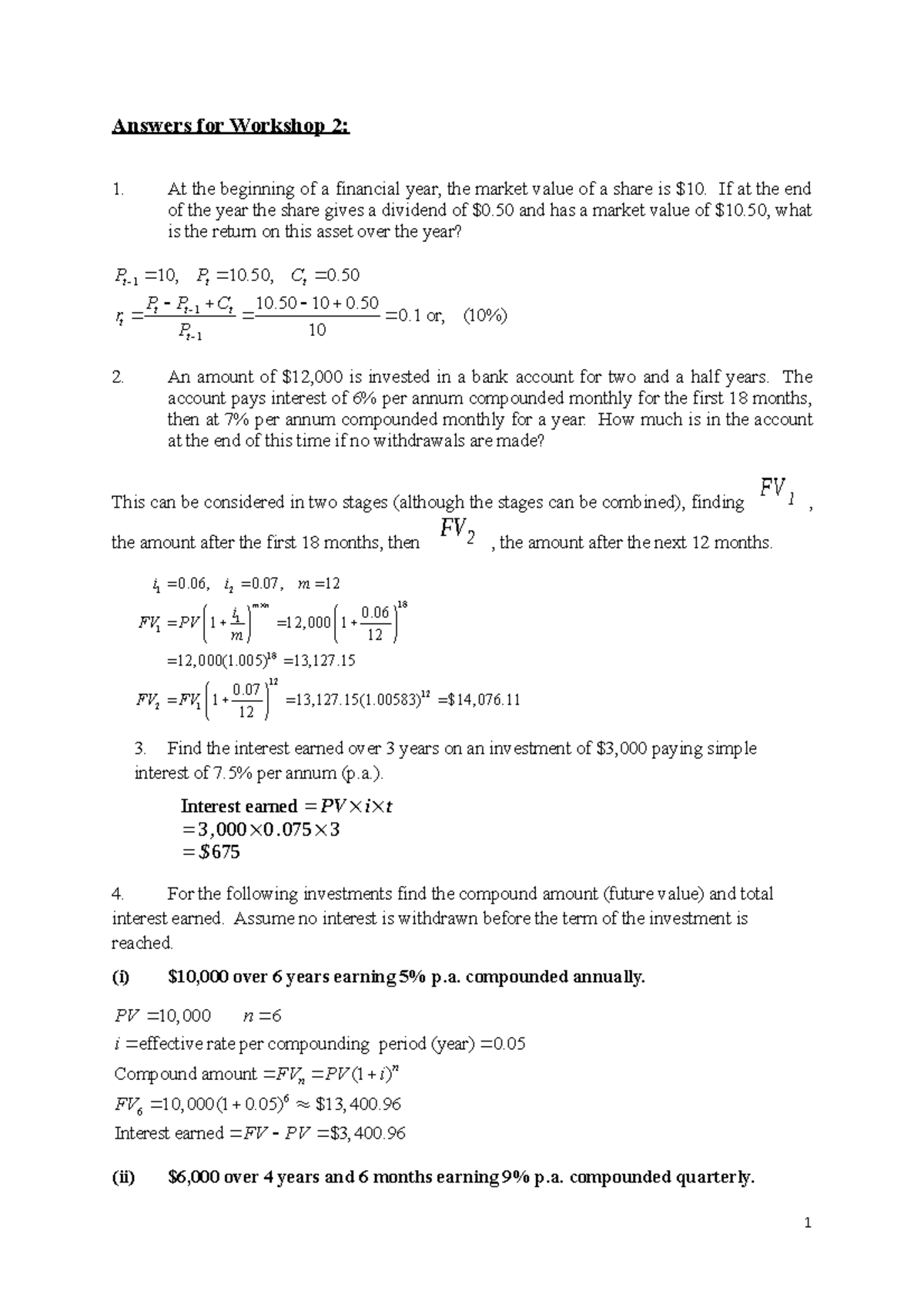 Answers for Workshop 2 - answer - Answers for Workshop 2: 1. At the ...