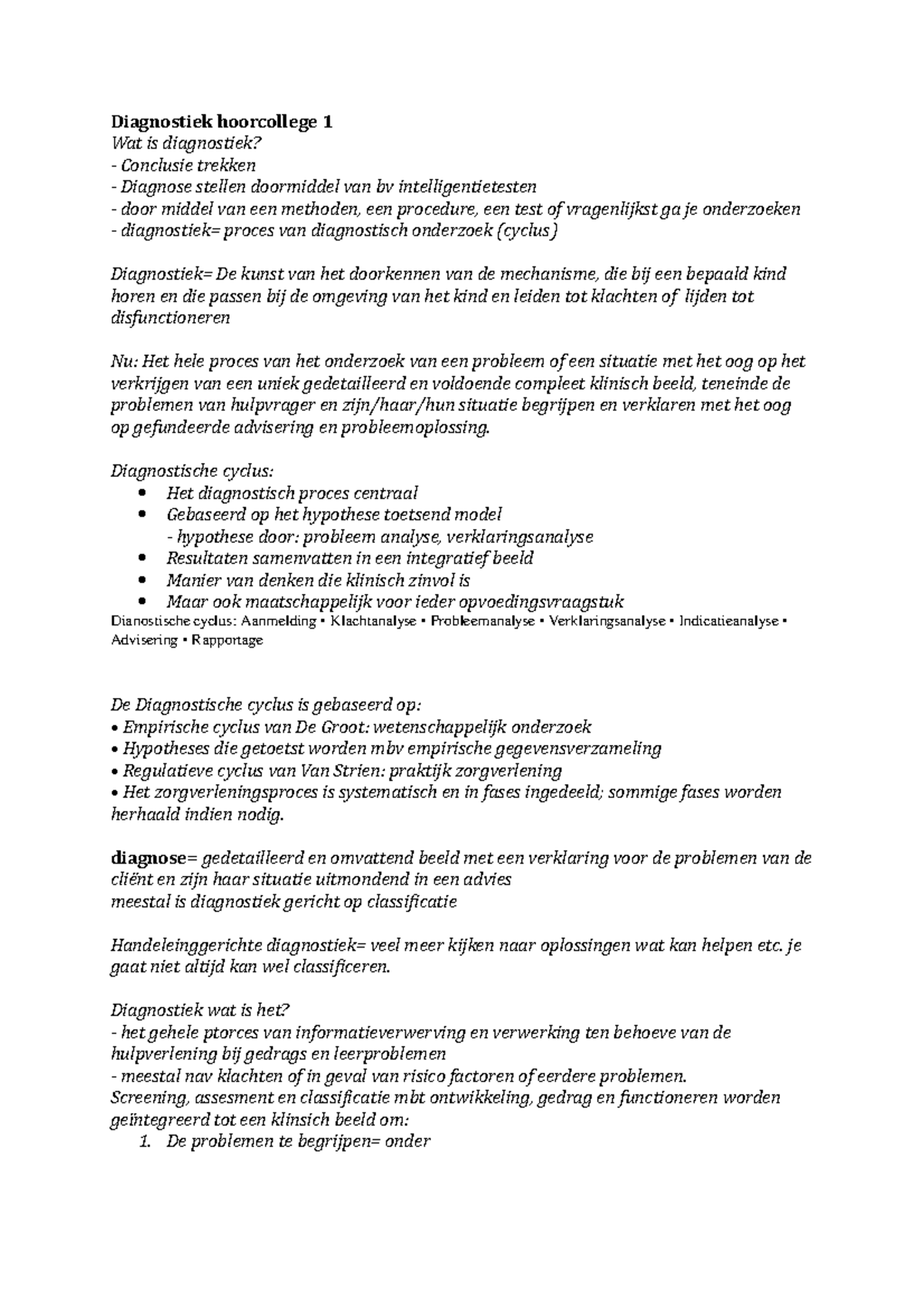 Diagnostiek hoorcollege 1 - Diagnostische cyclus: Het diagnostisch ...