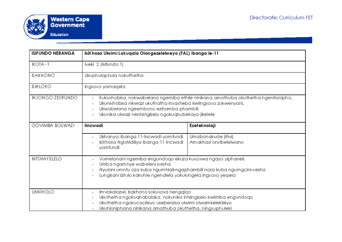 Isi Xhosa FAL Grade 11 Term 1 Week 2 2021 - Directorate: Curriculum FET ...
