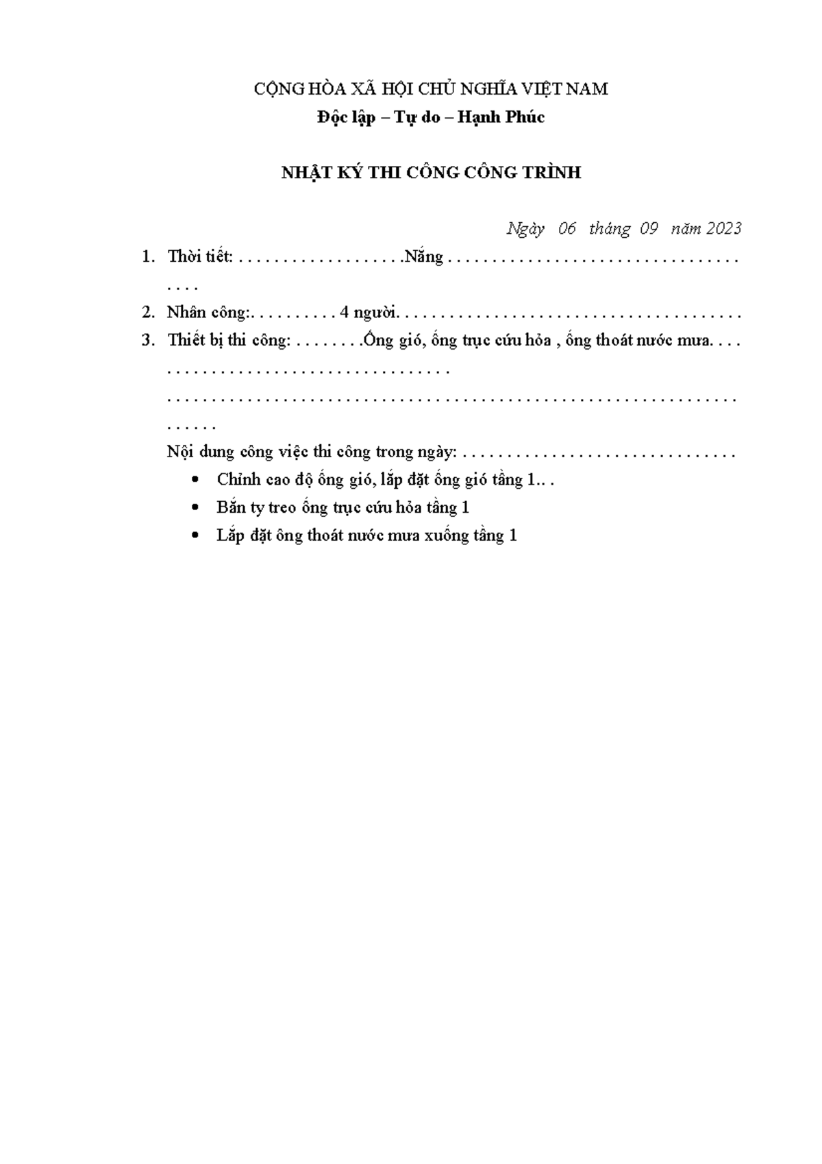 Nhật ký công trinh tmt - High - CỘNG HÒA XÃ HỘI CHỦ NGHĨA VIỆT NAM Độc ...