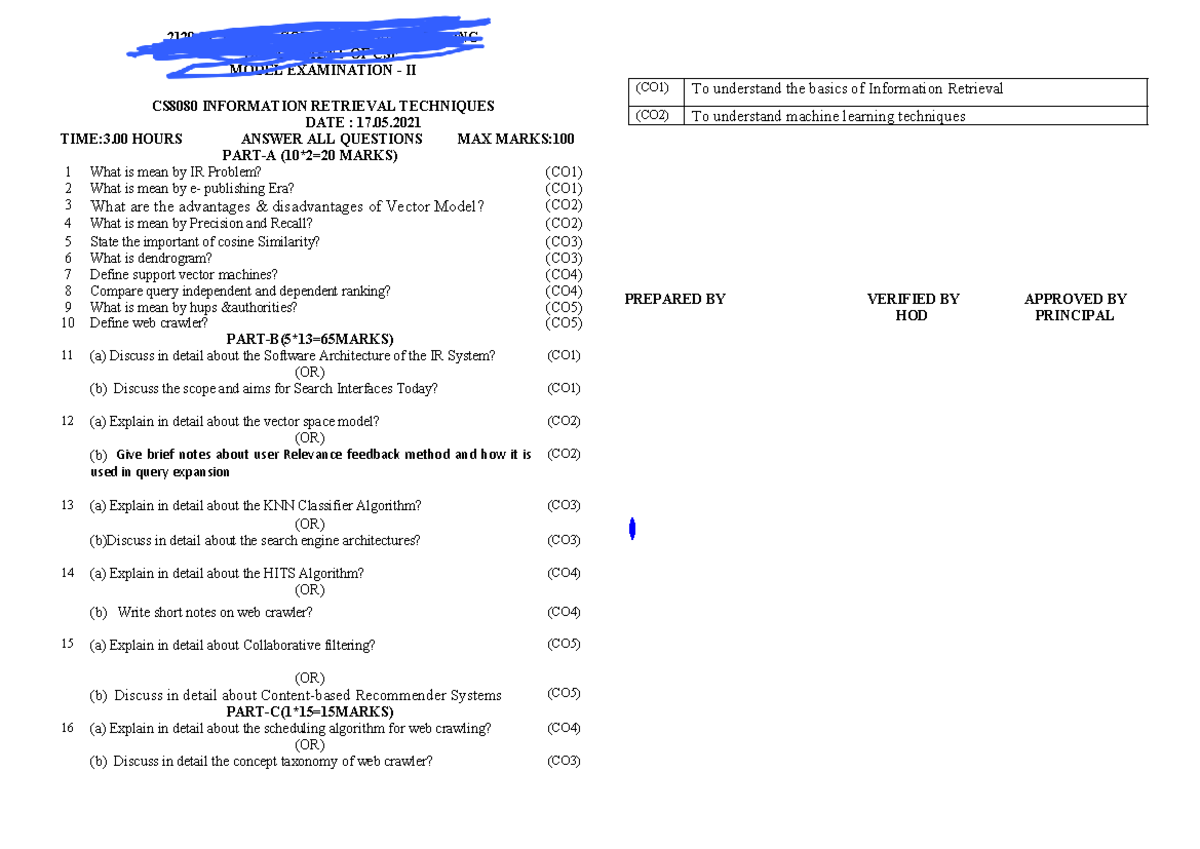 Iv Cse Model Qp Ir 170521 230108 150321 Prepared By Verified By Approved By Hod Principal 2129 