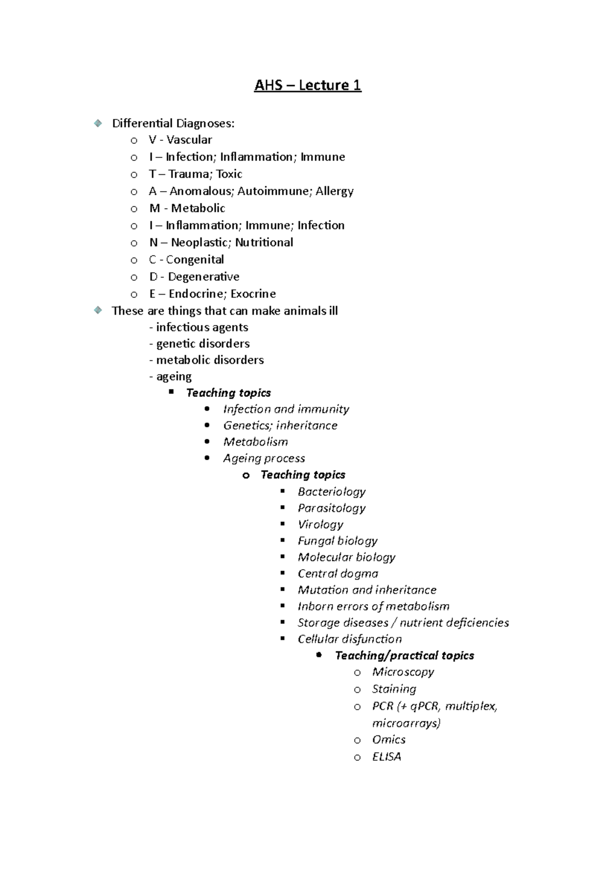 AHS - Lecture 1 - AHS – Lecture 1 Differential Diagnoses: o V ...