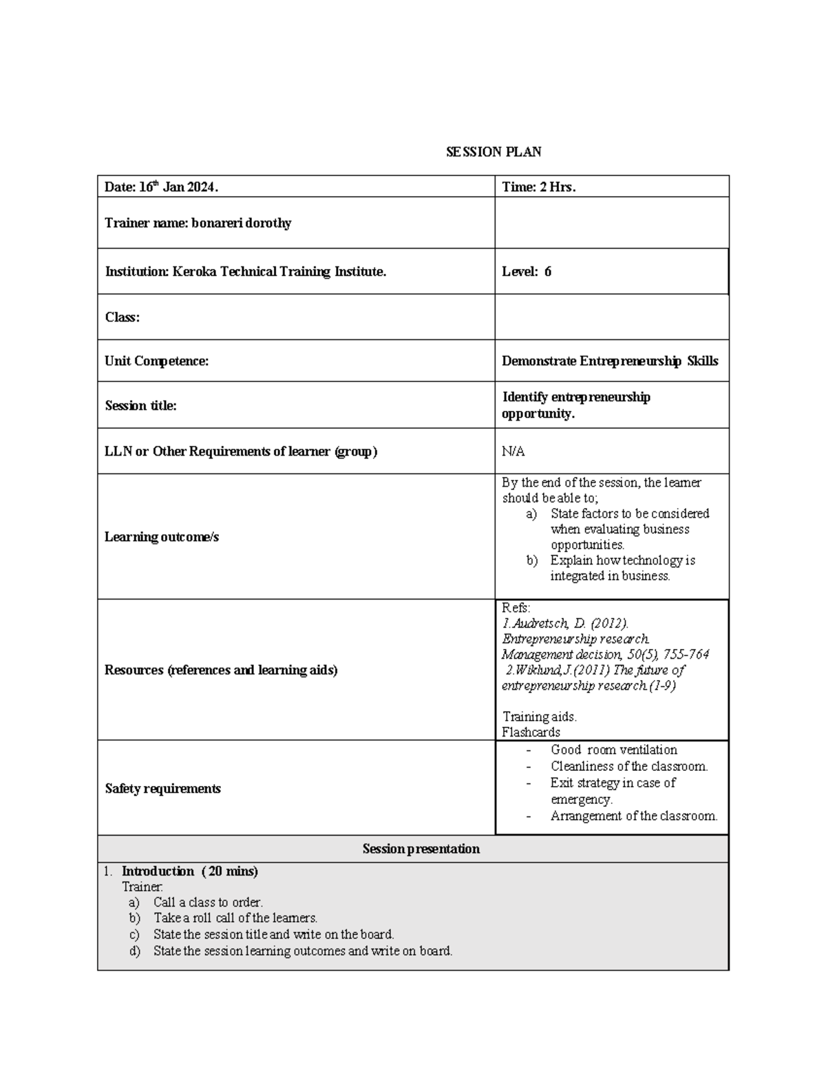Entrepreneurship Session plan level 6 - SESSION PLAN Date: 16th Jan ...
