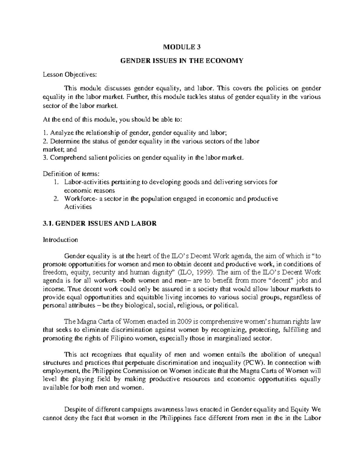 Module 3 Gender, Work and Society lecture notes. - MODULE 3 GENDER ...
