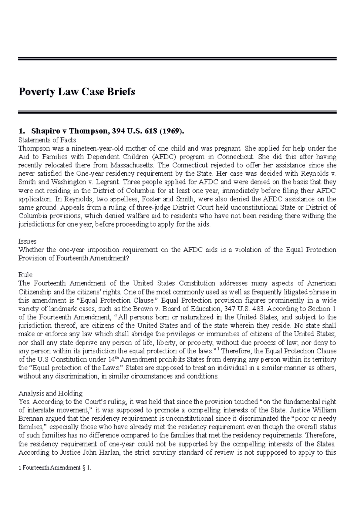 Poverty Law Case Briefs - Shapiro v Thompson, 394 U. 618 (1969 ...