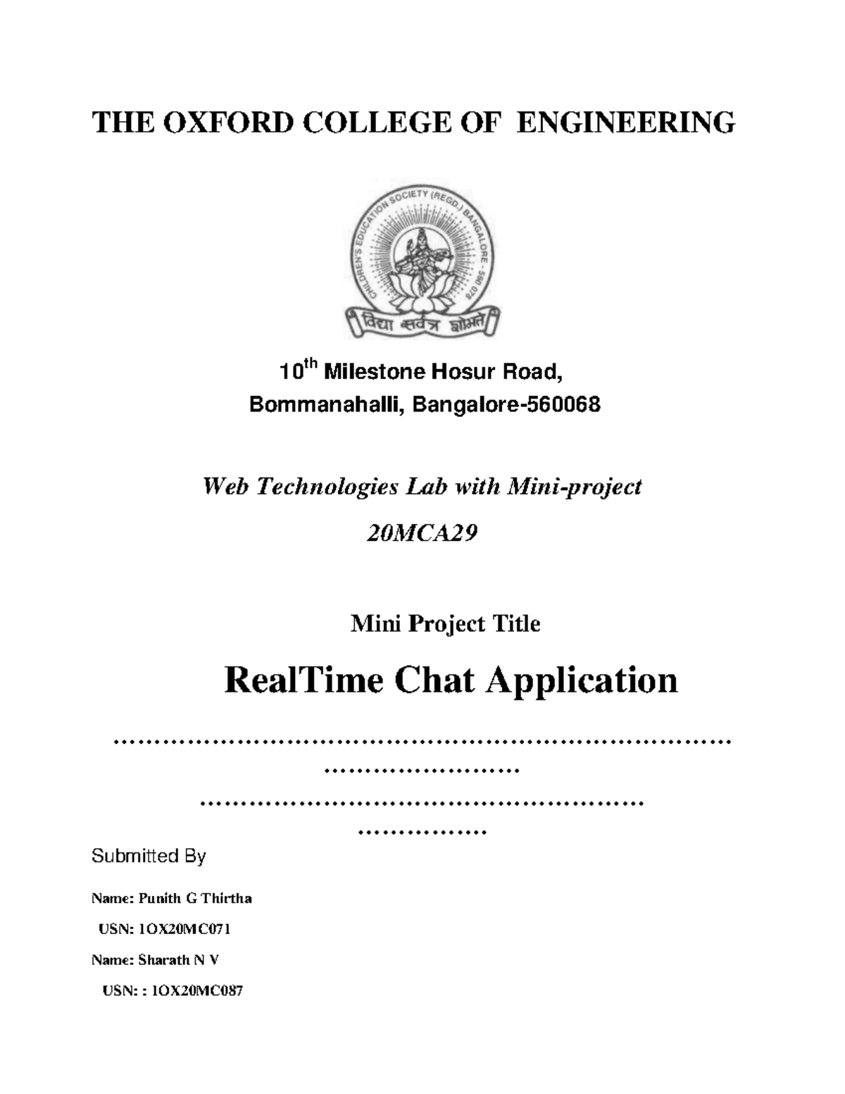 Chat app report - THE OXFORD COLLEGE OF ENGINEERING 10 th Milestone ...
