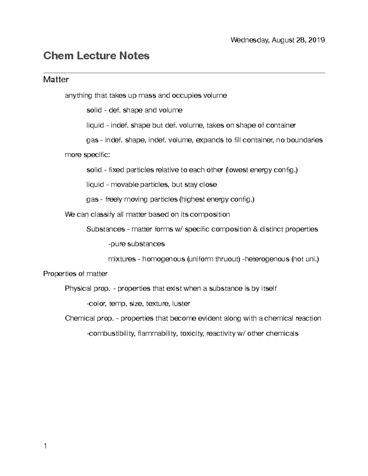 Chem Notes 8-28 - Chem Lecture Notes Matter anything that takes up mass ...