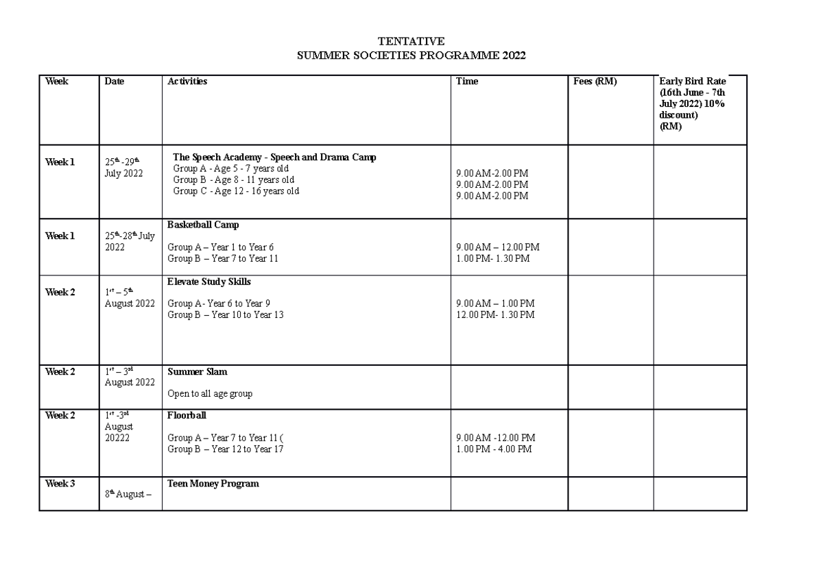 Tentative - eeeee - TENTATIVE SUMMER SOCIETIES PROGRAMME 2022 Week Date ...