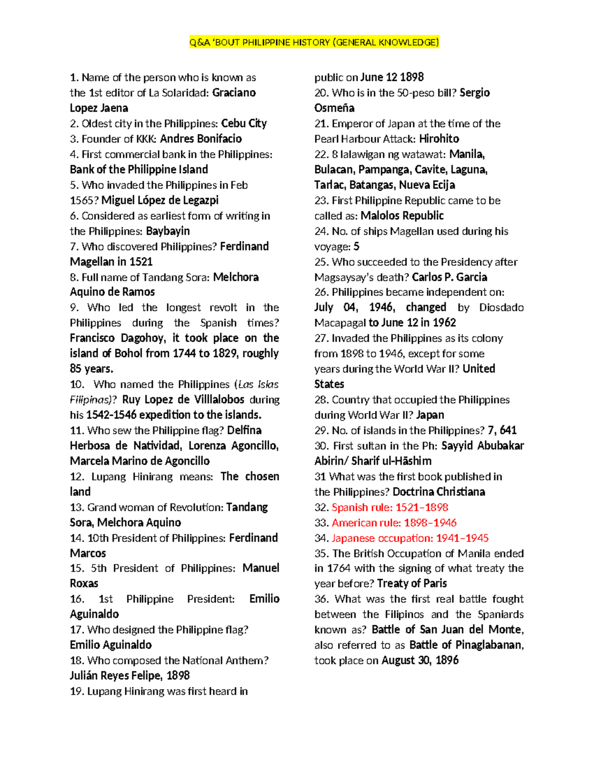 Q&A - Notes in history - Q&A ‘BOUT PHILIPPINE HISTORY (GENERAL ...