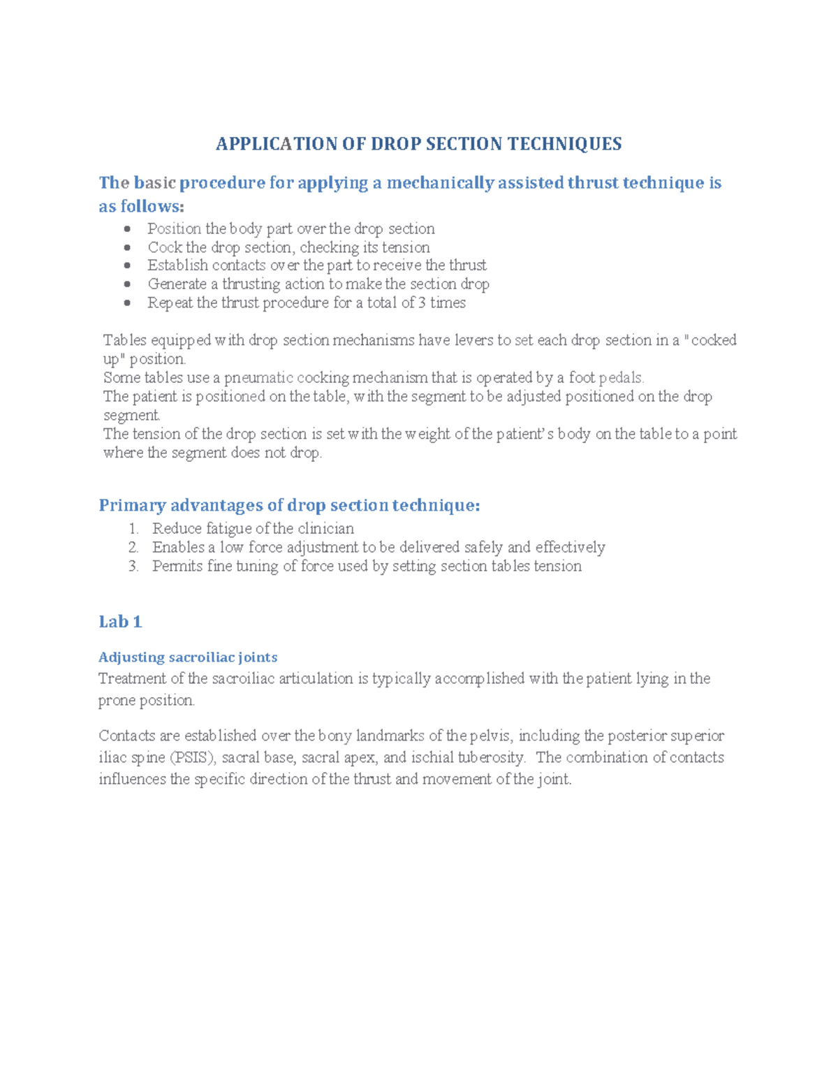 Prac - All prac materials for the semester with drop table techinques ...