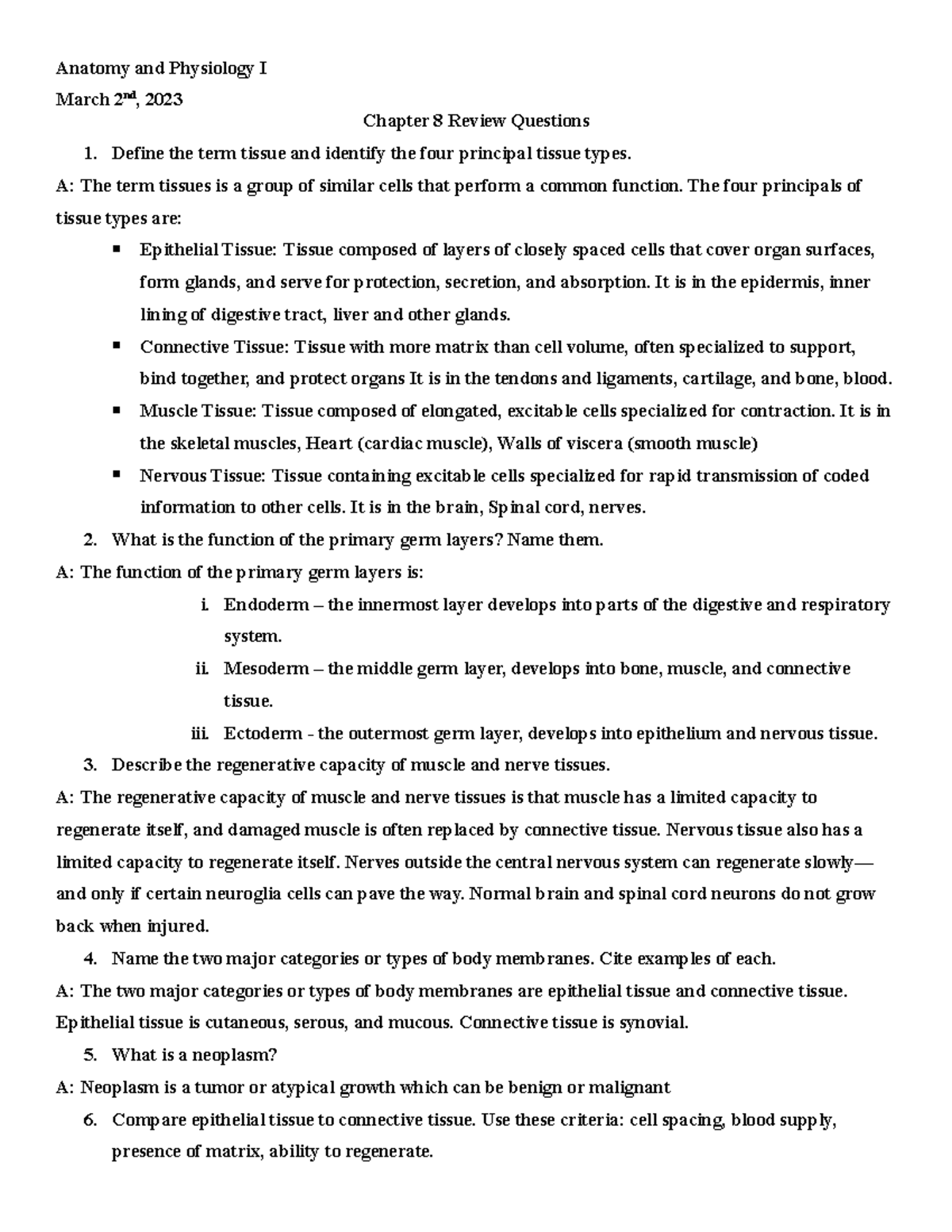 Anatomy and Physiology I Chapter 8 Review Questions - Studocu