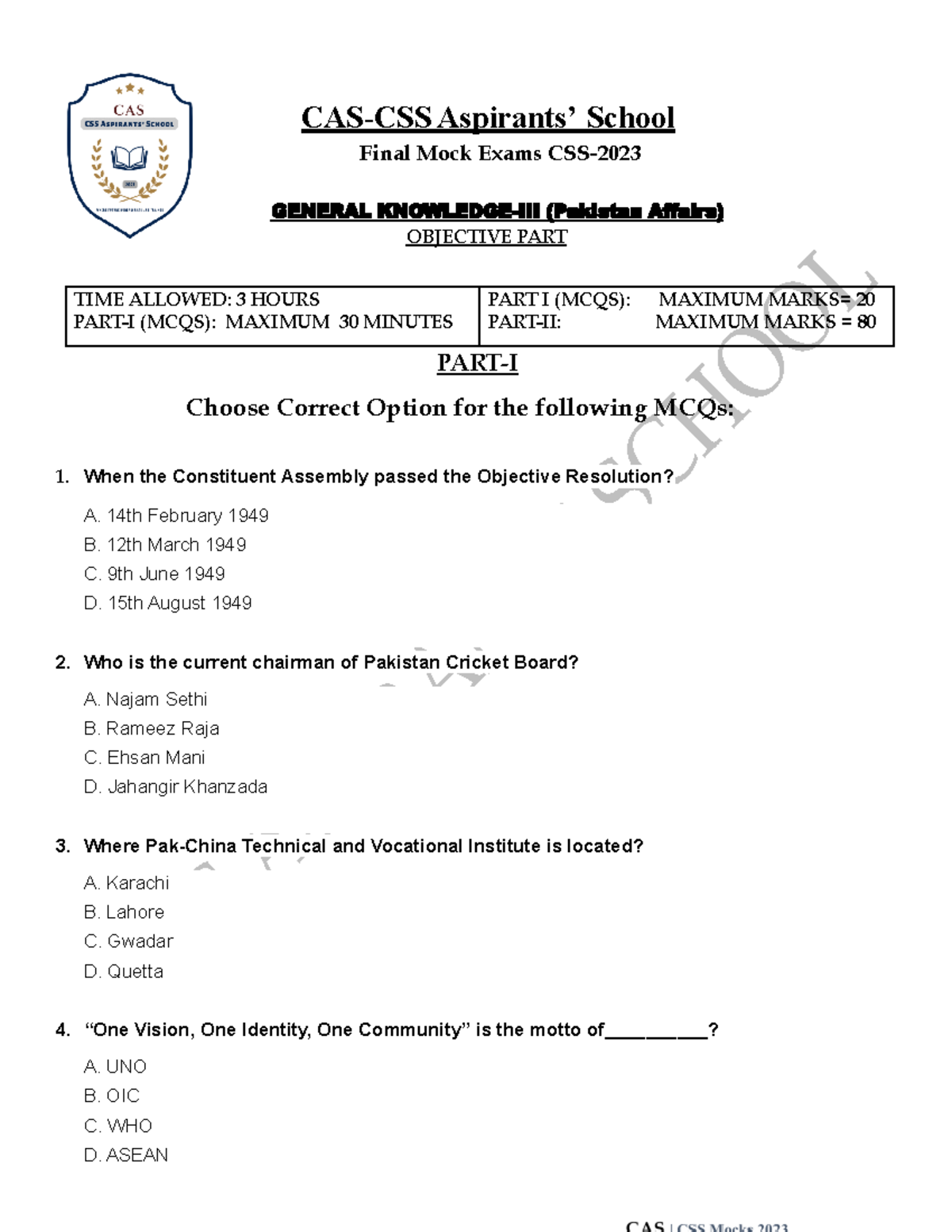 Template for MCQS - CSS ASPIRANTS' SCHOOL CAS-CSS Aspirants’ School ...
