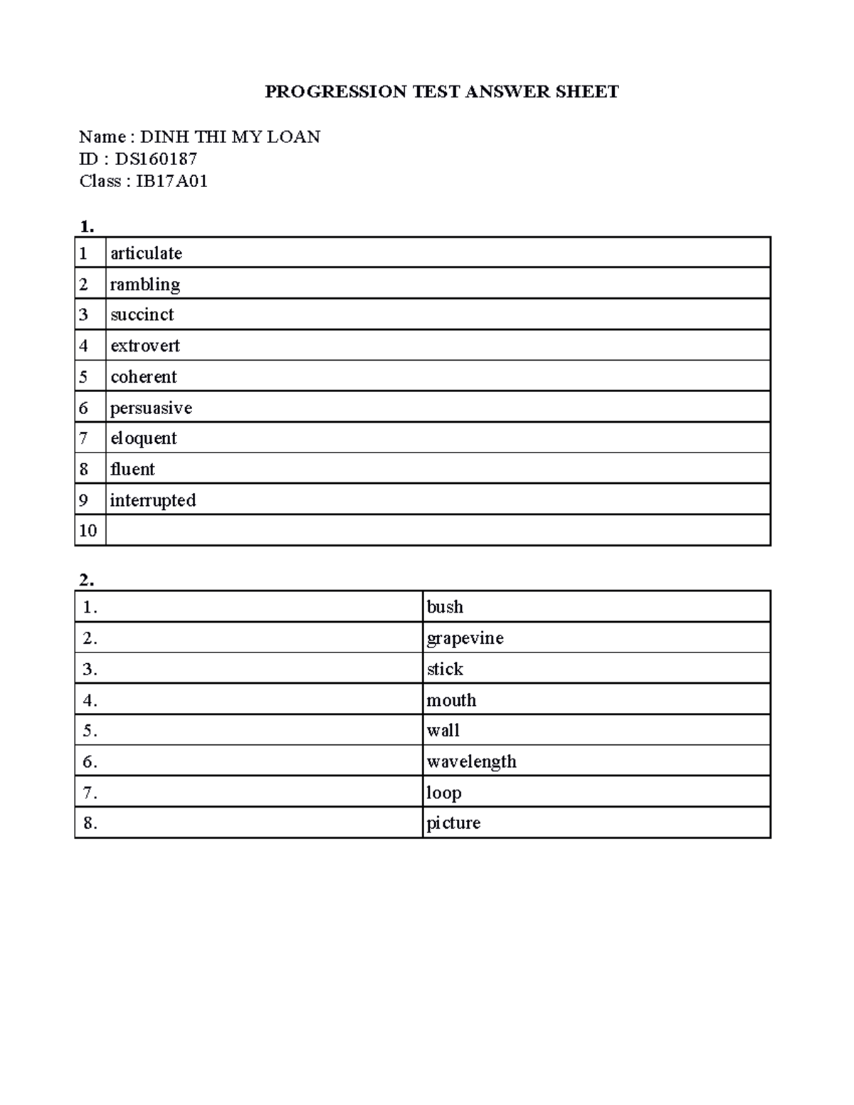 Progression test answer sheet - PROGRESSION TEST ANSWER SHEET Name ...