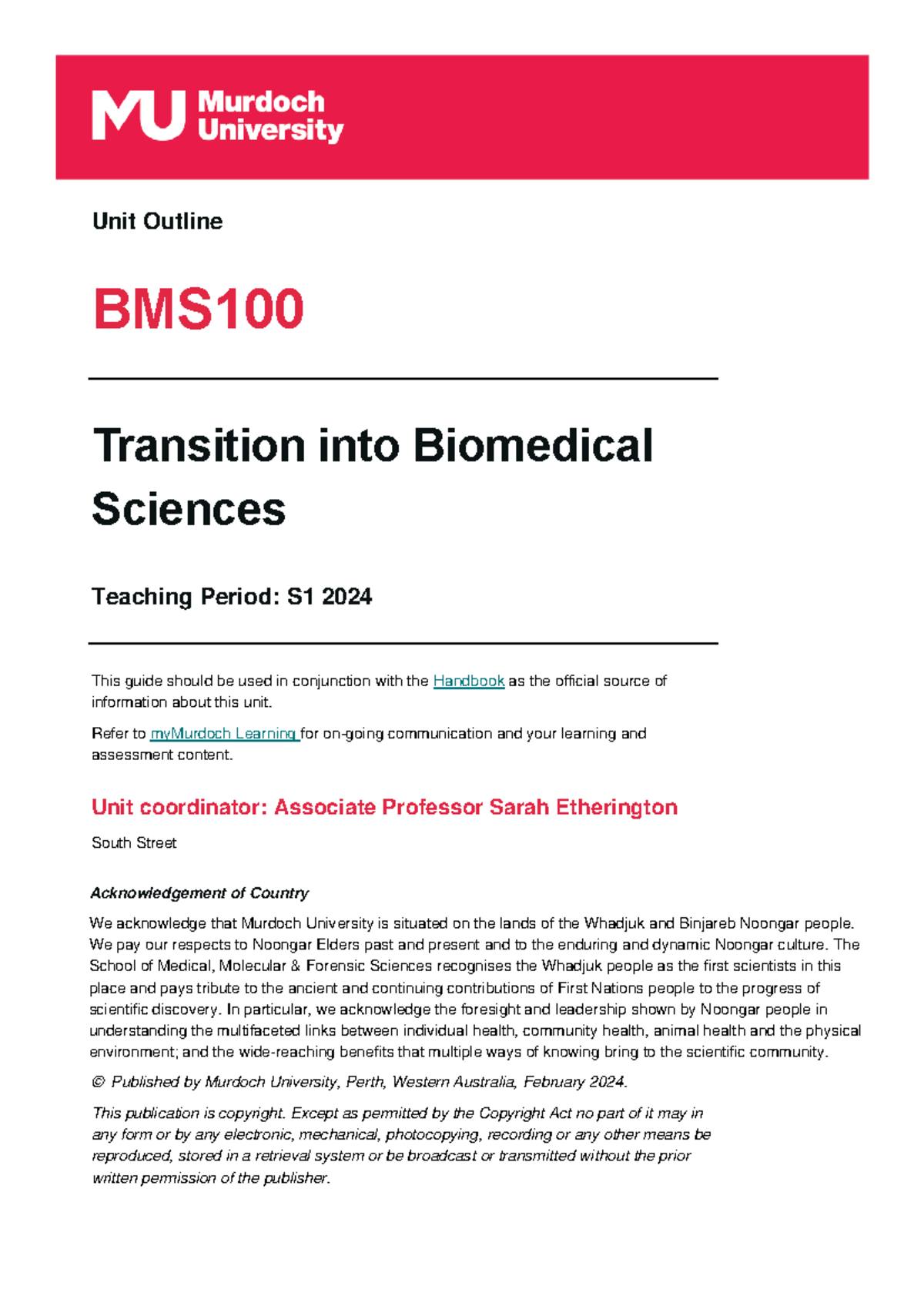 BMS100 Unit Outline - Unit Outline BMS Transition into Biomedical ...