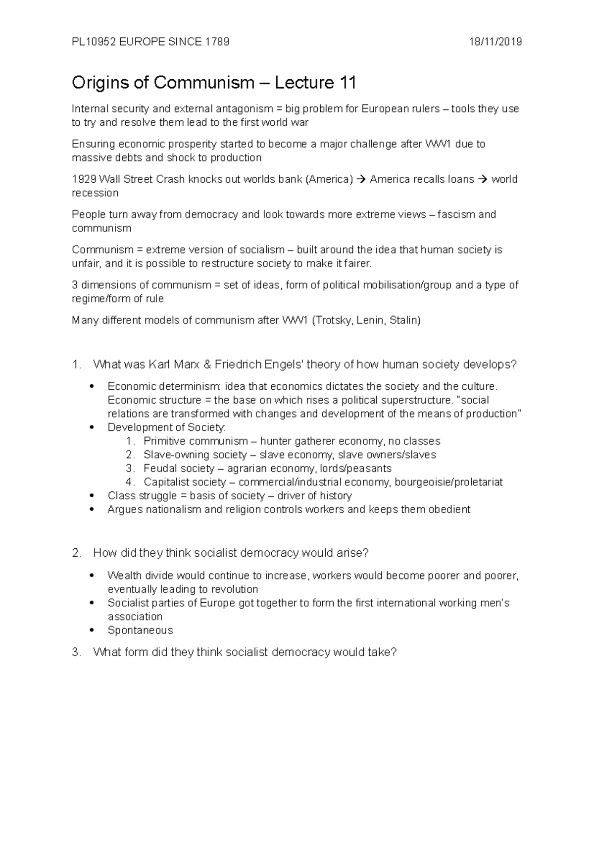 Lecture 11 - Originins of Communism - PL10952 EUROPE SINCE 1789 18/11 ...
