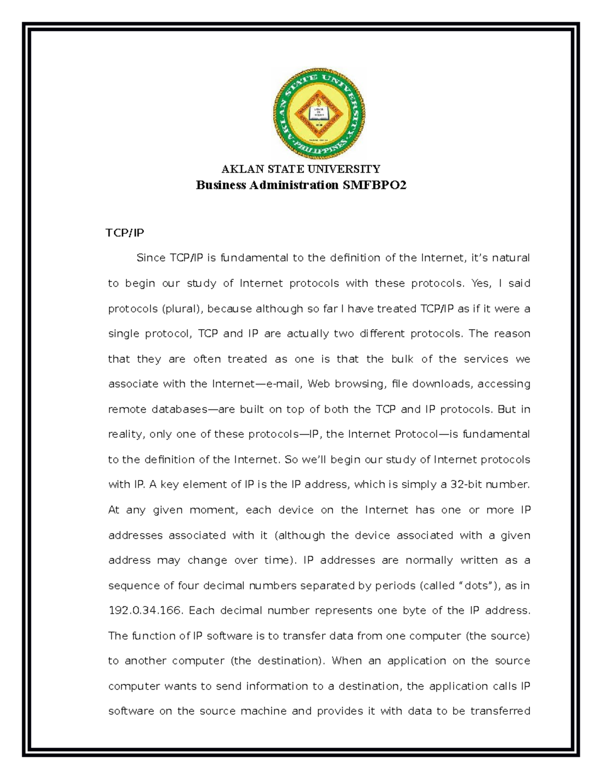 Basic Internet Protocol Tcpip Aklan State University Business Administration Smfbpo Tcpip 1148