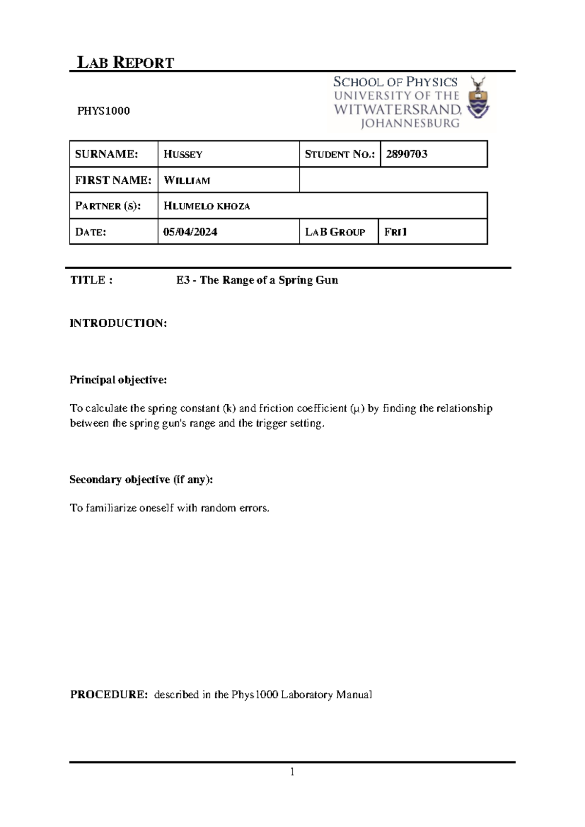 EXP03 - Spring Gun - 2890703 - Hussey Wlliam - LAB REPORT SCHOOL OF ...