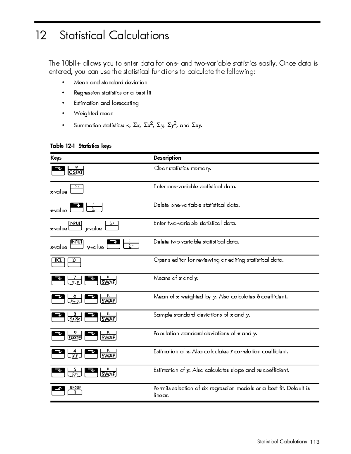 Statistical functions on the HP10Bii+ - 12 Statistical Calculations The ...