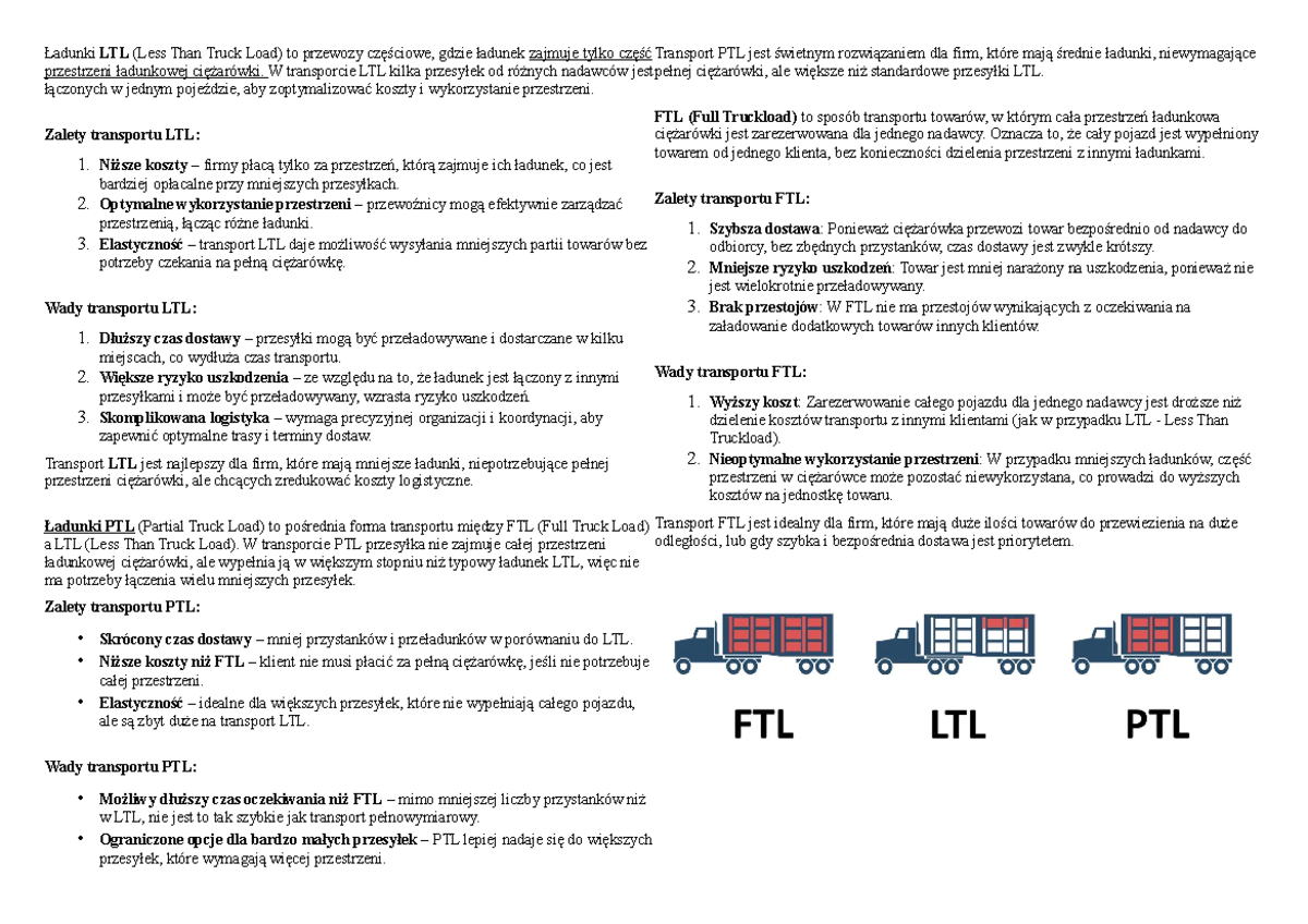 Ładunki PTL, FTL i LTL - Transport ładunków FTL PTL i LTL. Notatki dla ...