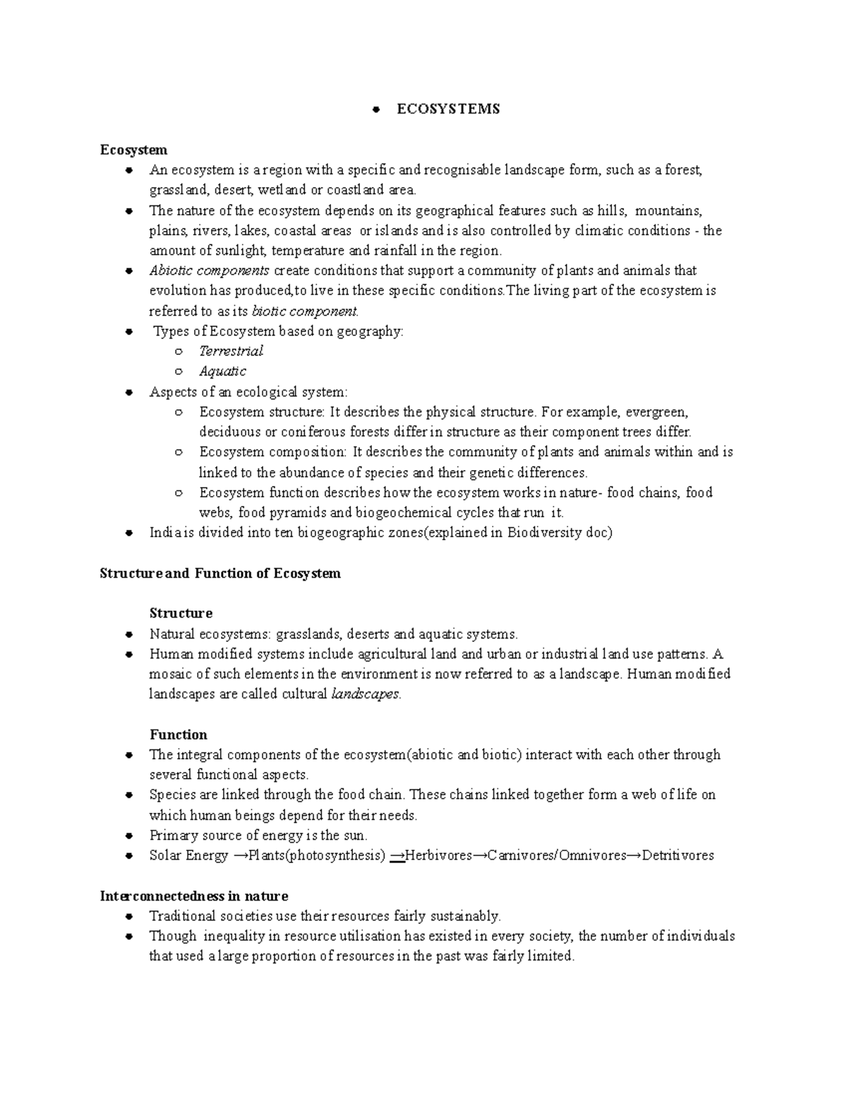 EVS Doc Ecosystems - class notes - ECOSYSTEMS Ecosystem An ecosystem is ...