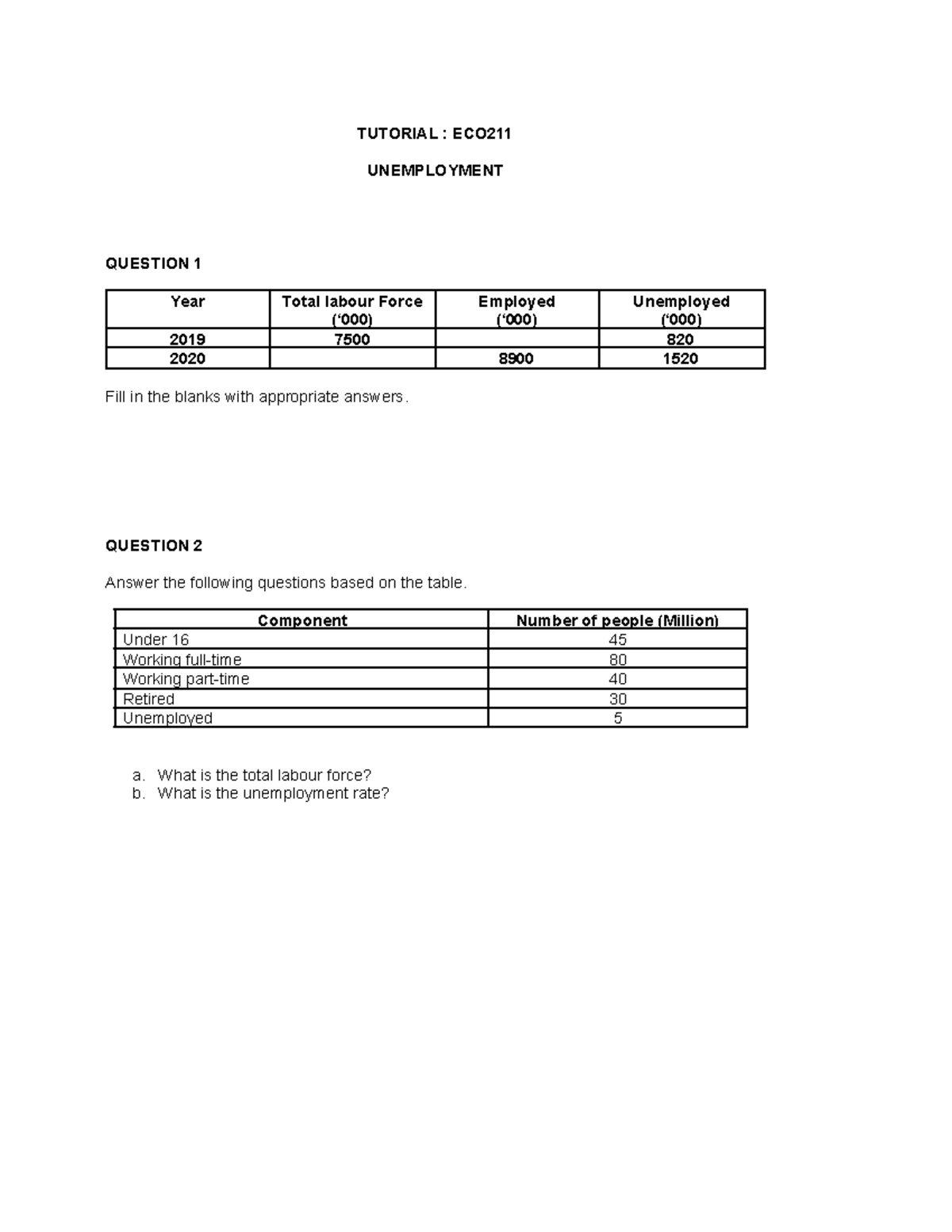 Unemployment- Tutorial - TUTORIAL : ECO UNEMPLOYMENT QUESTION 1 Year ...