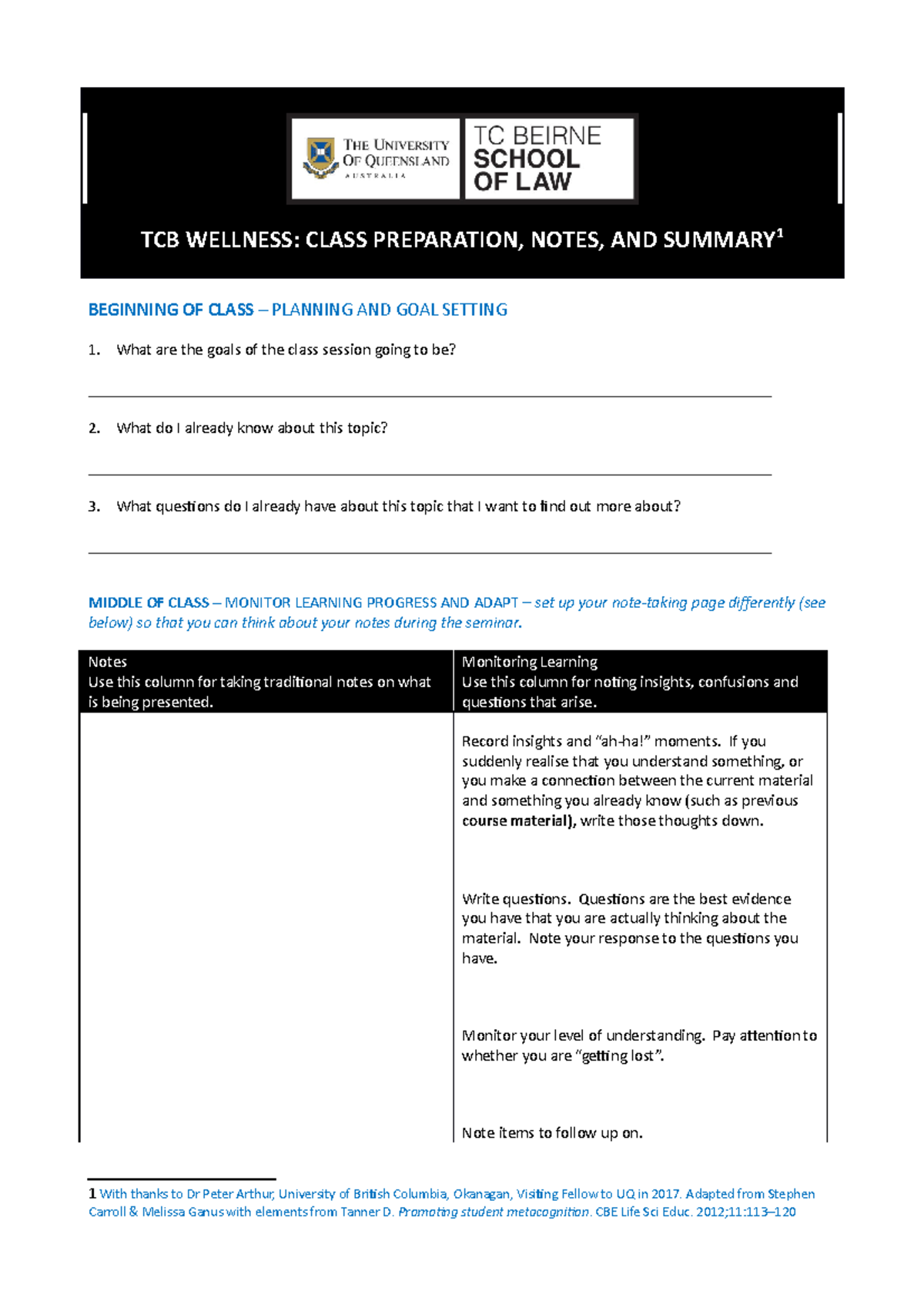 Class prep notes and summary - TCB WELLNESS: CLASS PREPARATION, NOTES ...