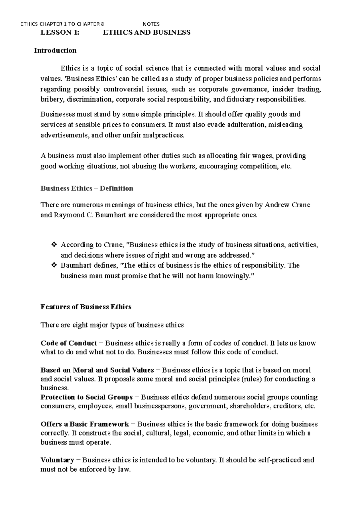 Ethics Notes - Chapter 1 TO Chapter 8 - LESSON 1: ETHICS AND BUSINESS ...