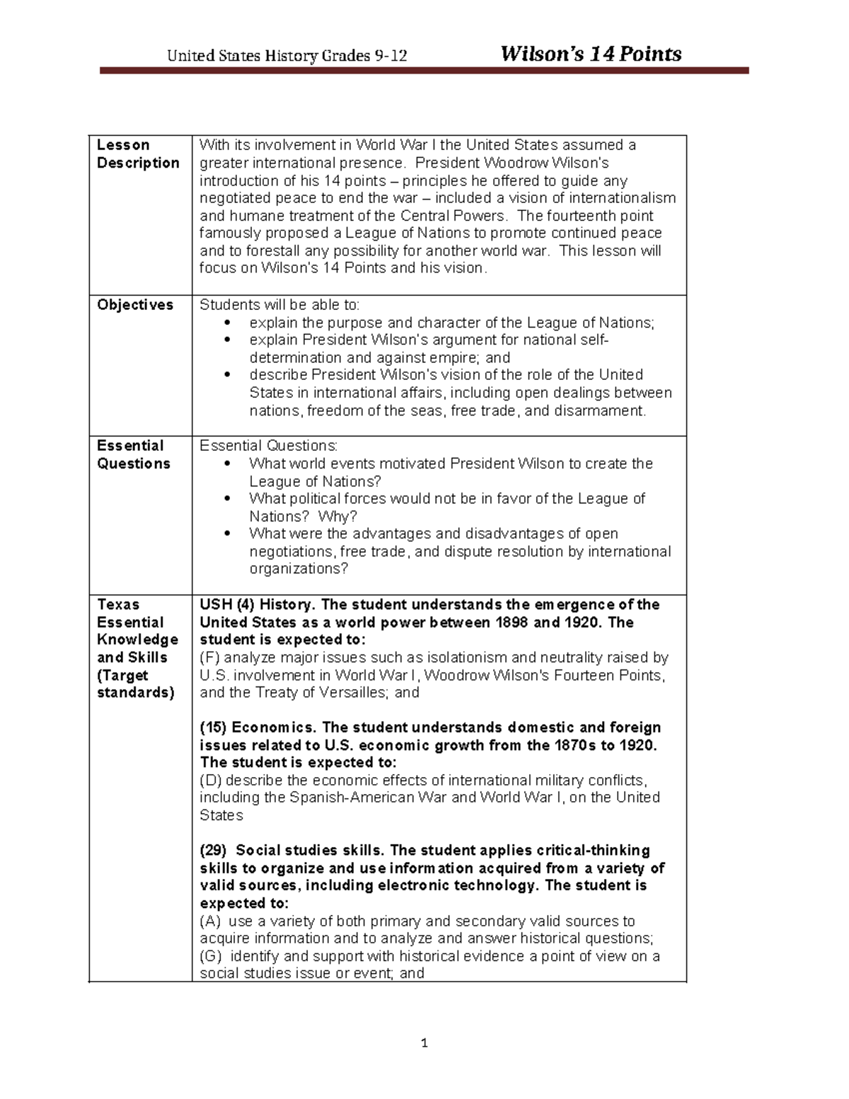 1918 14 points lesson - History - Lesson Description With its ...
