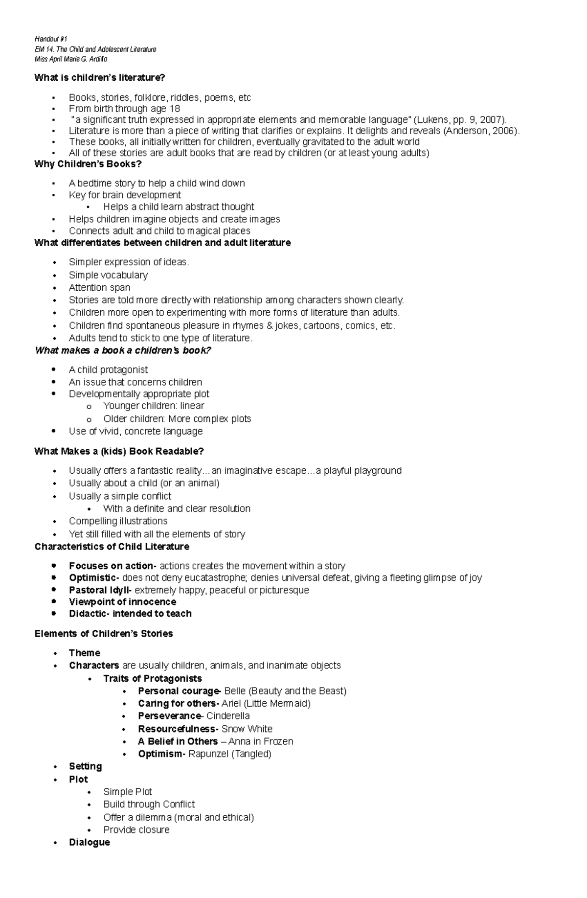 Handout No. 1 - Intoduction TO Children Literature - Handout # EM 14 ...