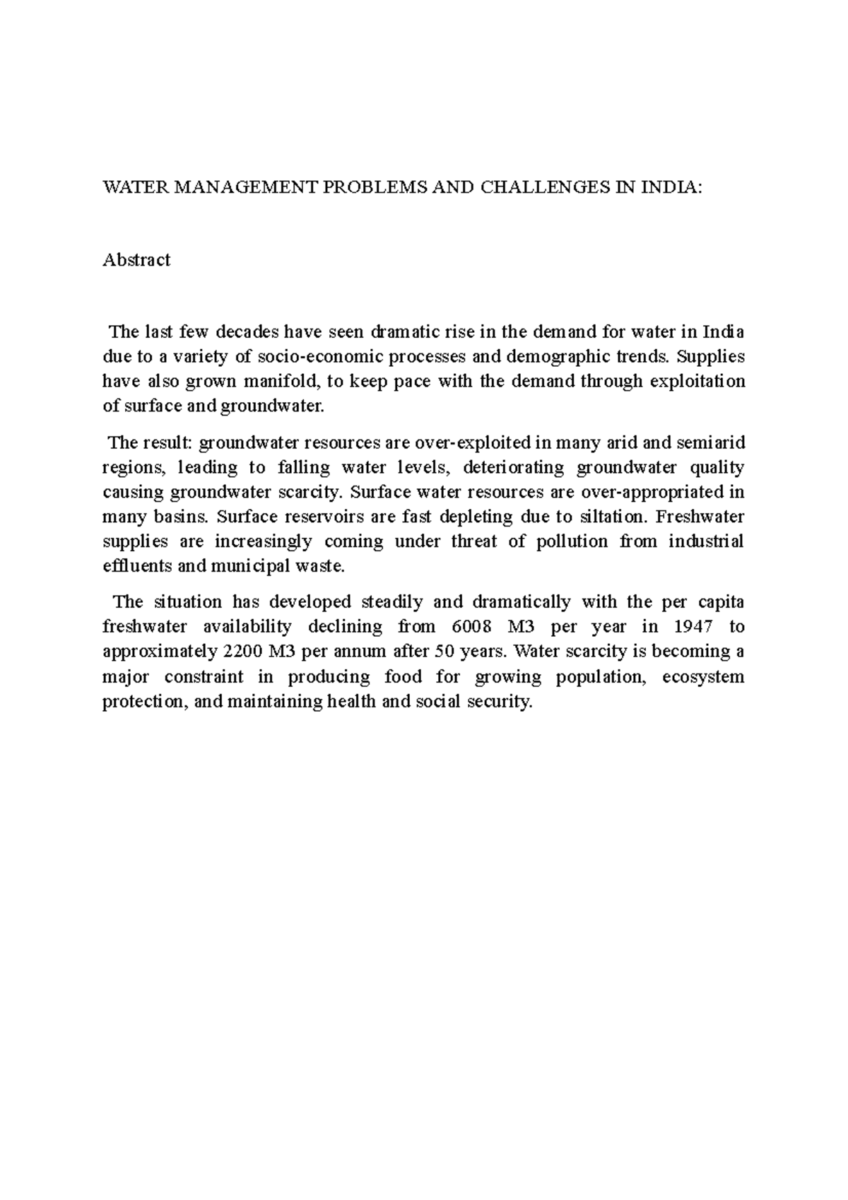 Doc1 - WATER MANAGEMENT PROBLEMS AND CHALLENGES IN INDIA: Abstract The ...