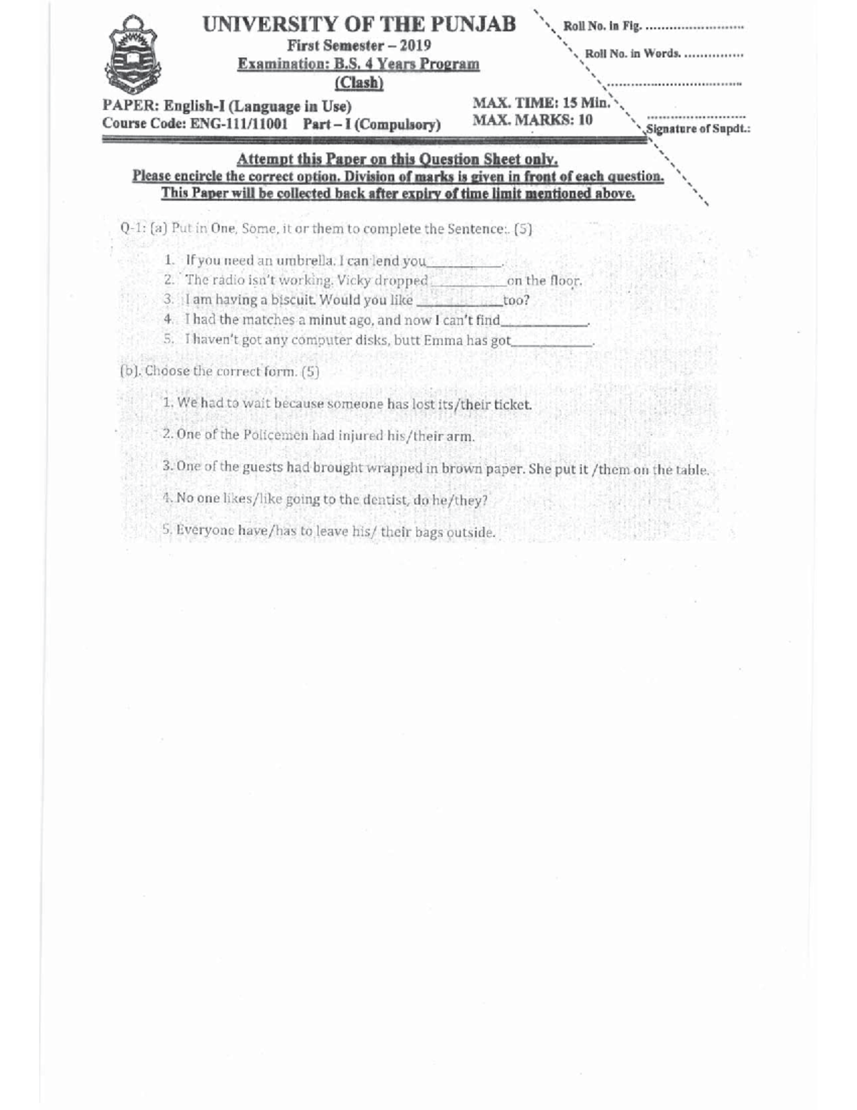 P2019 ENG-111 - past paper for bs psychology (english) - Scheme of ...