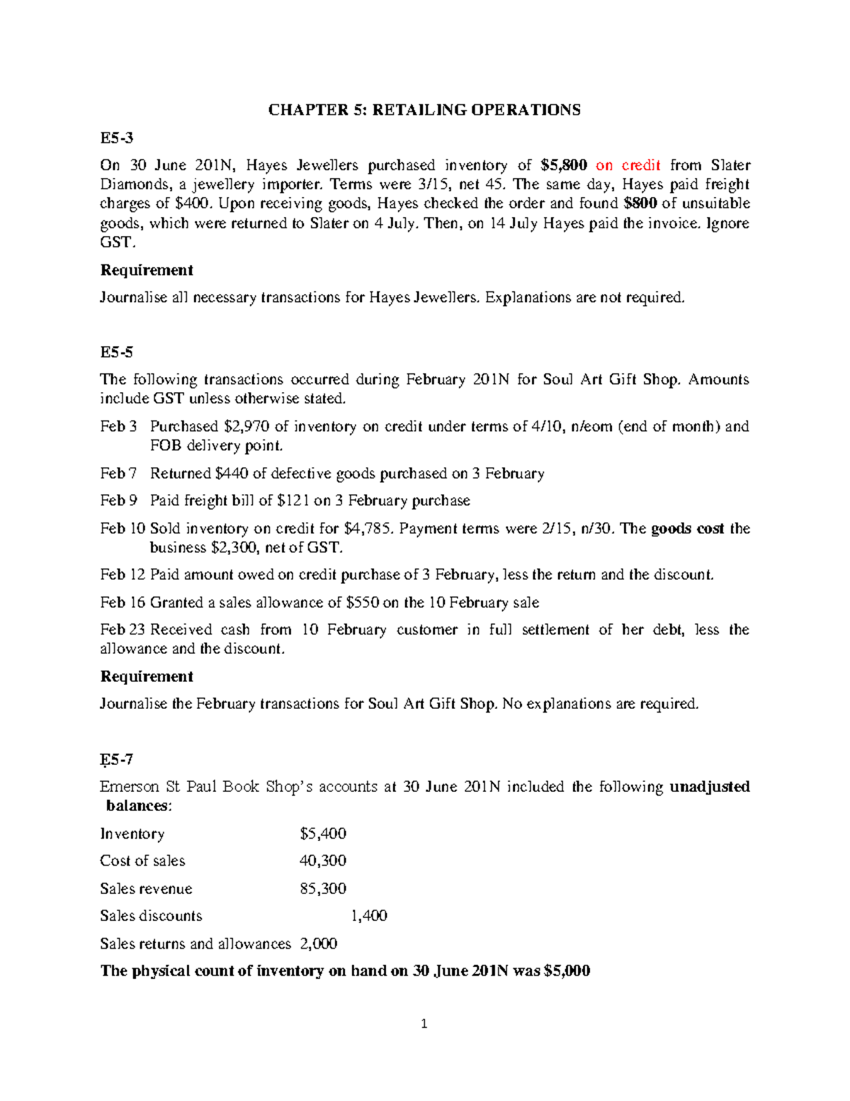 Chapter 5 - exercise- retailing operations- Accounting 1 - CHAPTER 5: RETAILING OPERATIONS E5 ...