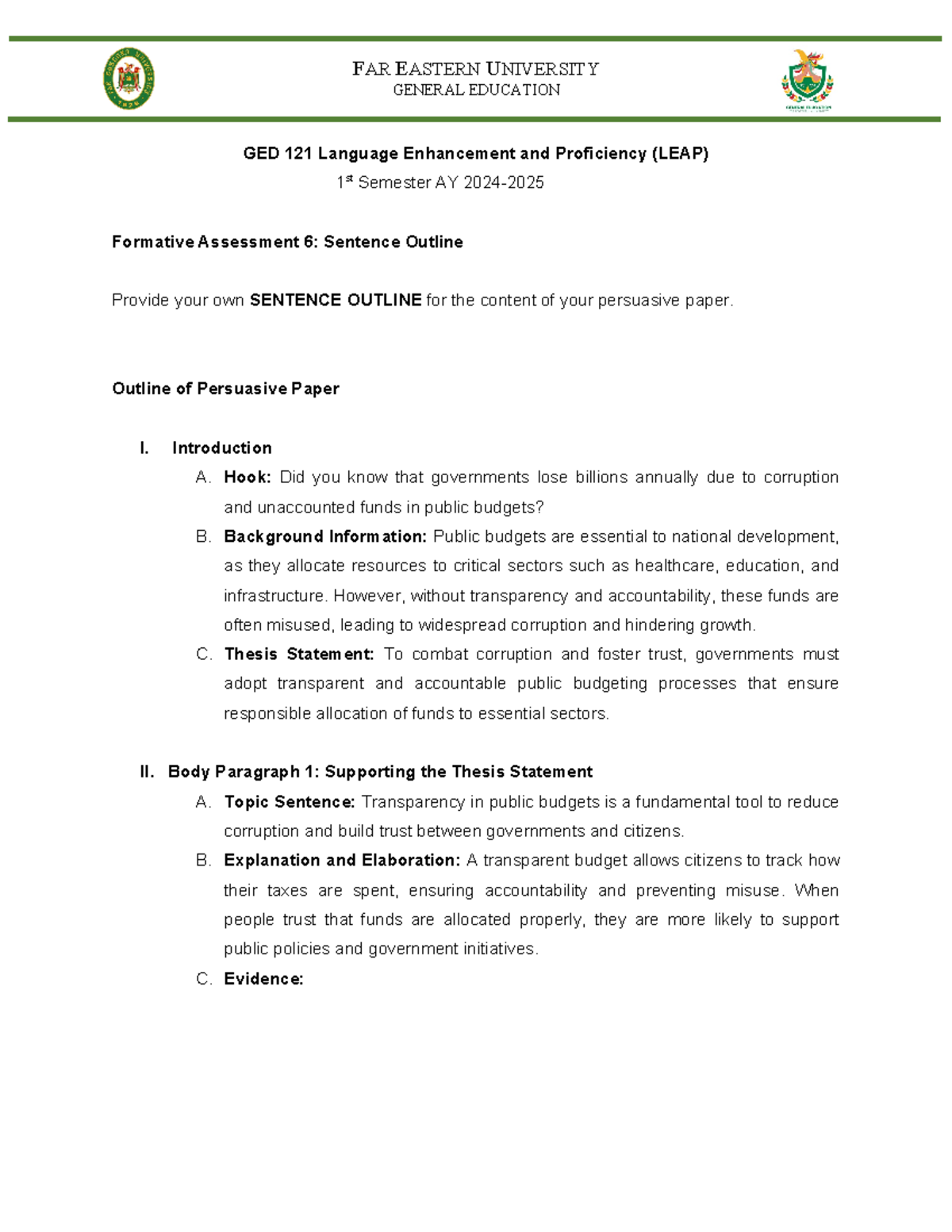 Revised Persuasive Paper - FAR EASTERN UNIVERSITY GENERAL EDUCATION GED ...