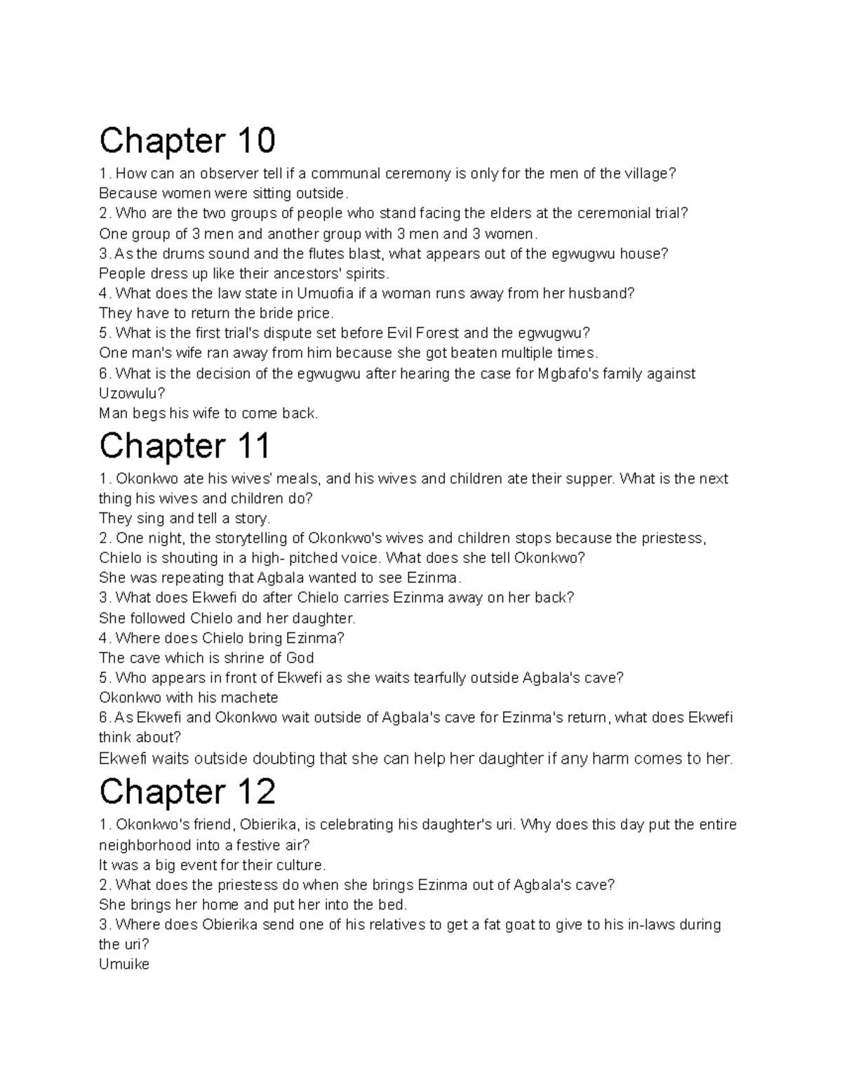 Things fall apart Questions Answers Chapter 10-15 - Chapter 10 How can ...