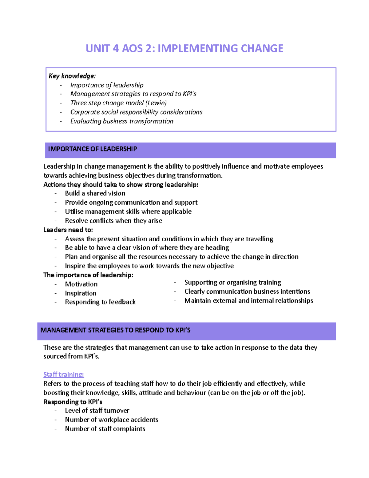 Unit 4 AOS 2 - Implementing Change - UNIT 4 AOS 2: IMPLEMENTING CHANGE Leadership in change ...