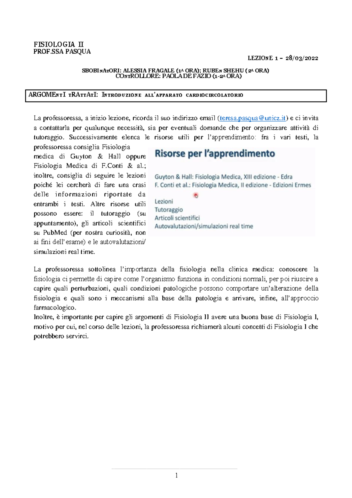 Lezione 1-fisiologia 2 - ARGOMENTI TRATTATI: INTRODUZIONE ALL’APPARATO ...