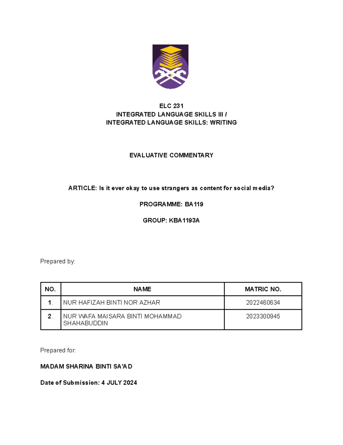 ELC 231 - ELC231 - Integrated Language Skills III - ELC 231 INTEGRATED ...