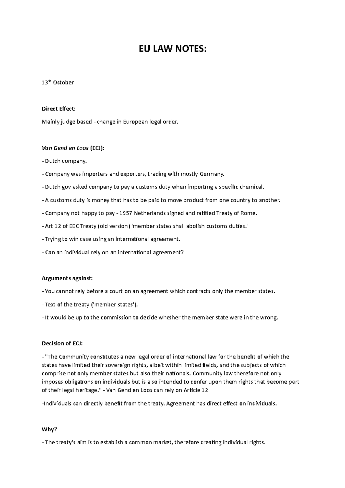 EU LAW Notes - EU LAW NOTES: 13th October Direct Effect: Mainly judge ...