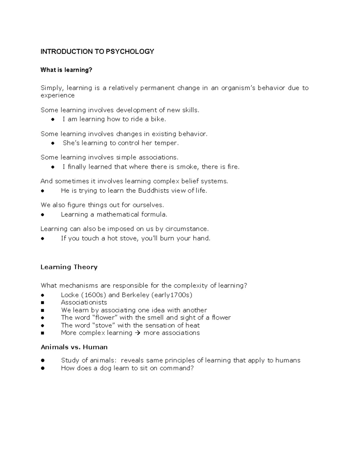 PSY Notes 4 - INTRODUCTION TO PSYCHOLOGY What is learning? Simply ...