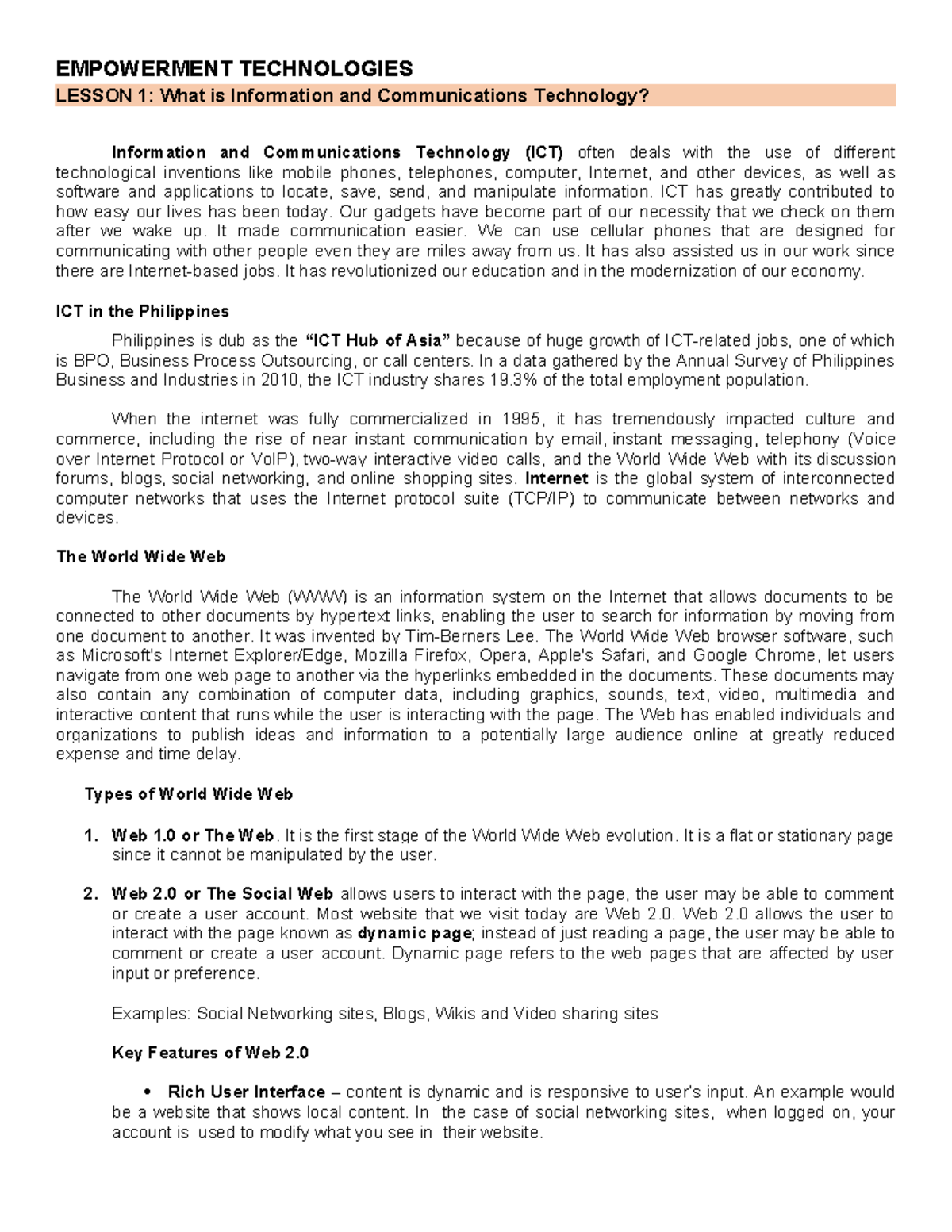Q1 Emtech Lessons 1 and 2 - EMPOWERMENT TECHNOLOGIES LESSON 1: What is ...