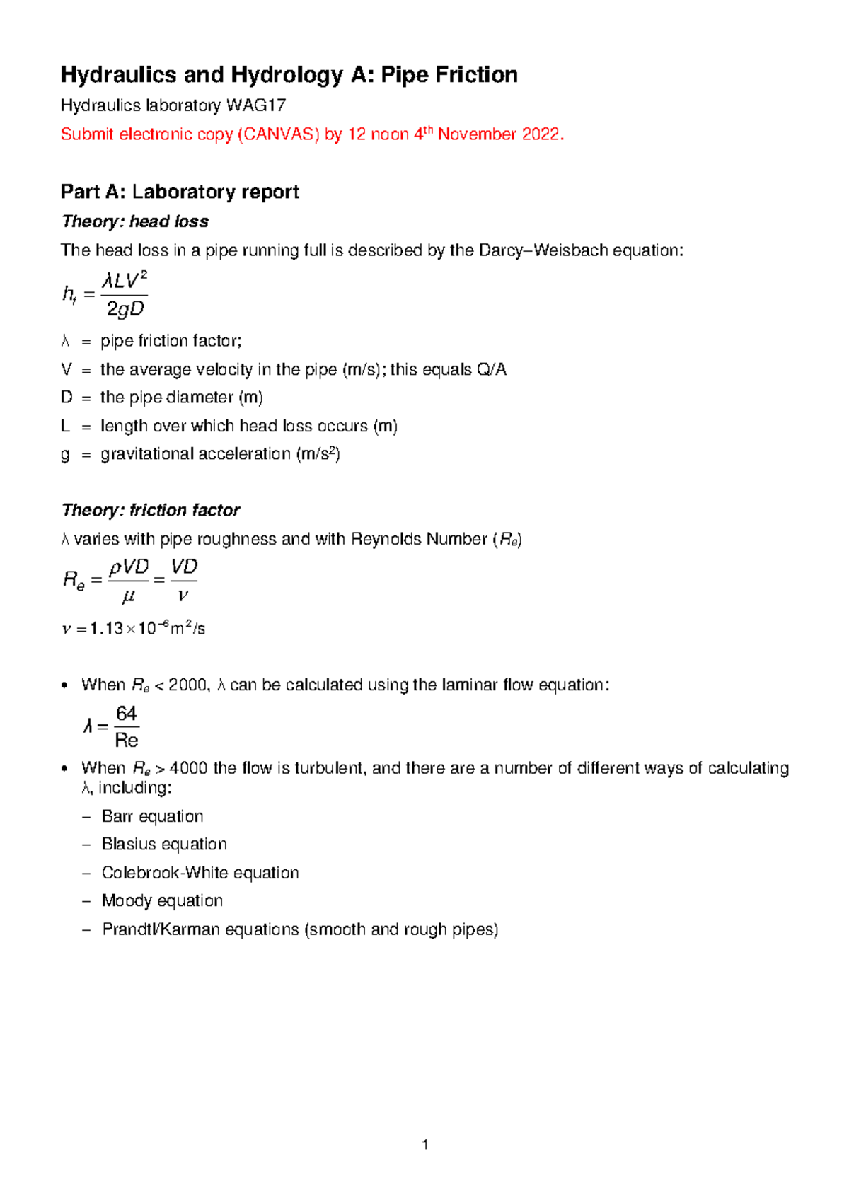 Hydro lab - Hydraulics and Hydrology A: Pipe Friction Hydraulics ...