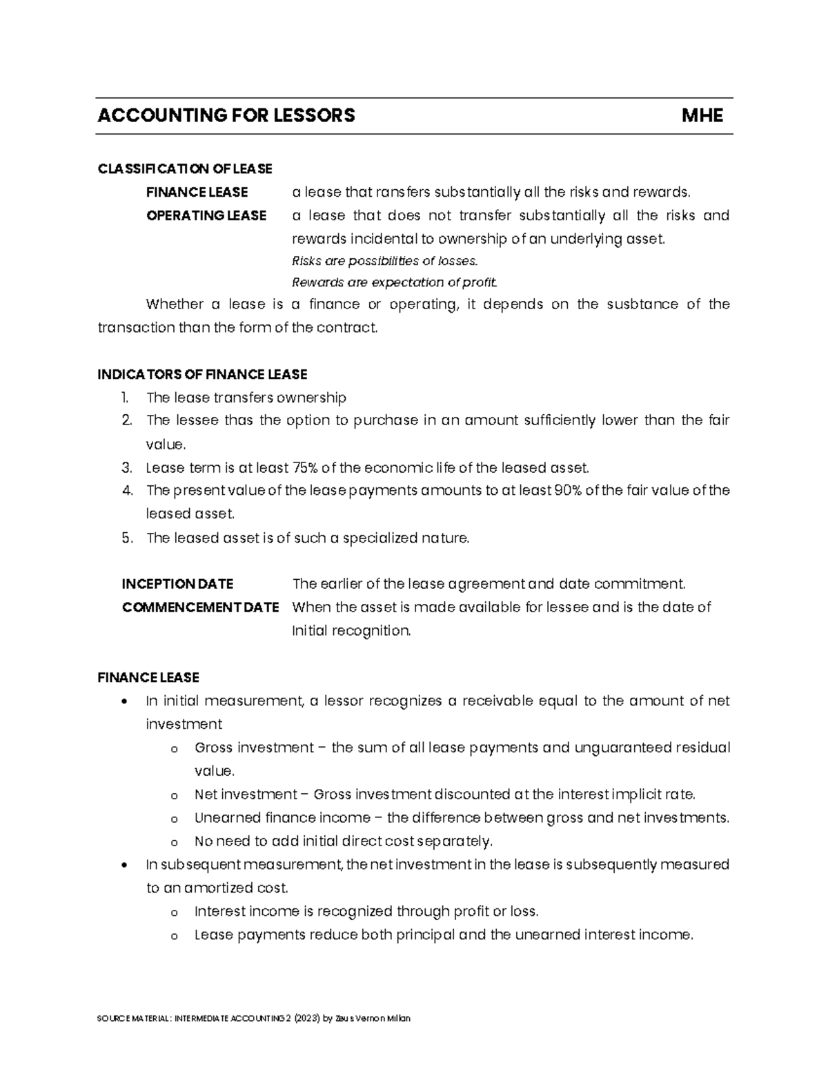 Accounting FOR Lessors - ACCOUNTING FOR LESSORS MHE CLASSIFICATION OF ...