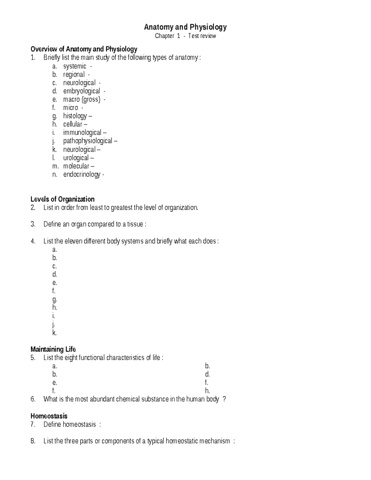 Test Review Ch 1 - Anatomy - Anatomy and Physiology Chapter 1 - Test ...
