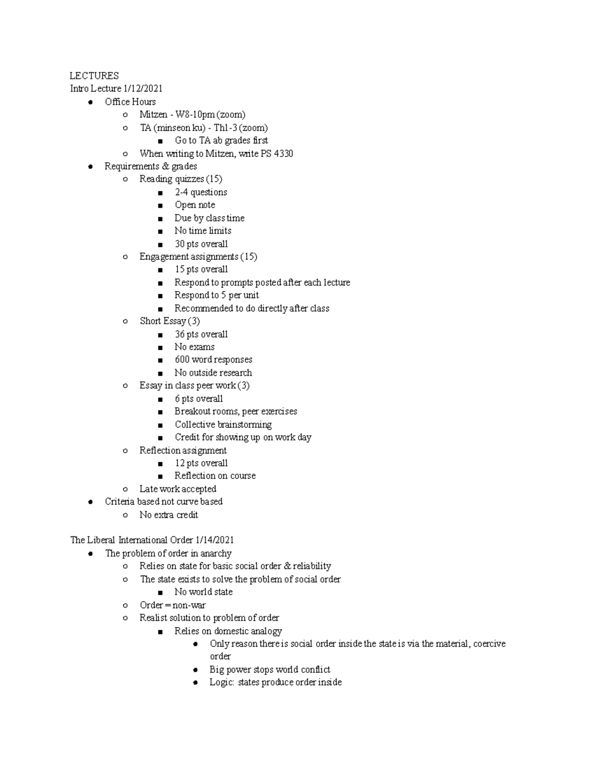 Global Governance Notes - LECTURES Intro Lecture 1/12/ Office Hours ...