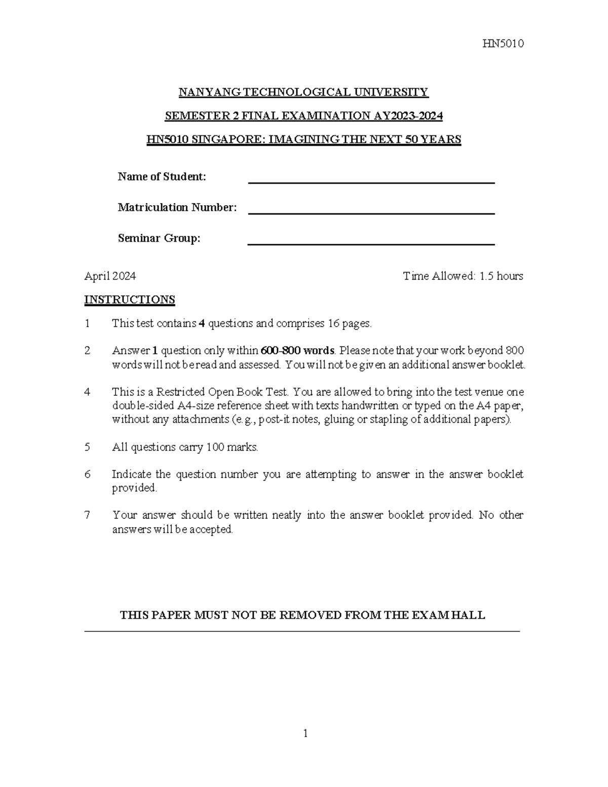 Sample Reflection Exam Paper (I) - NANYANG TECHNOLOGICAL UNIVERSITY ...