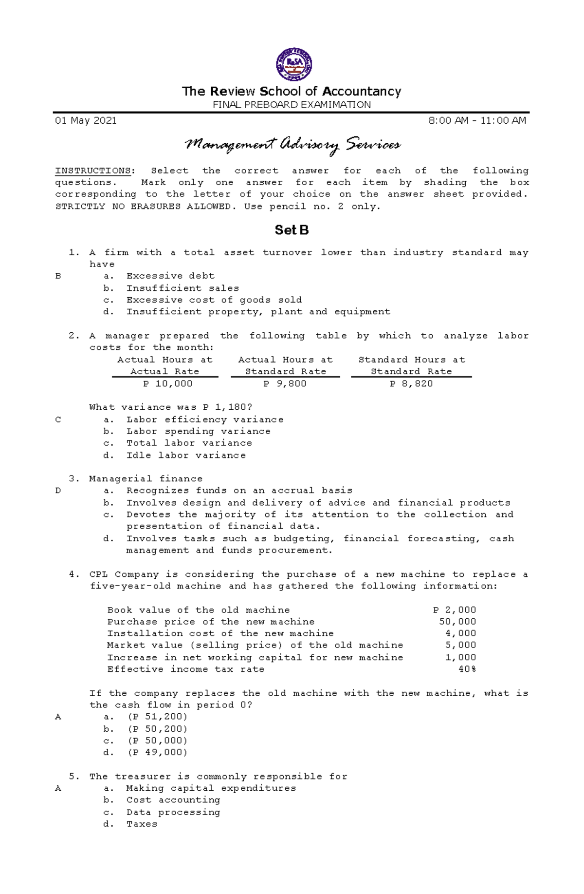 MAS Final Pre-Board Exams (Questions, Answers Solutions) - The Review School of Accountancy ...