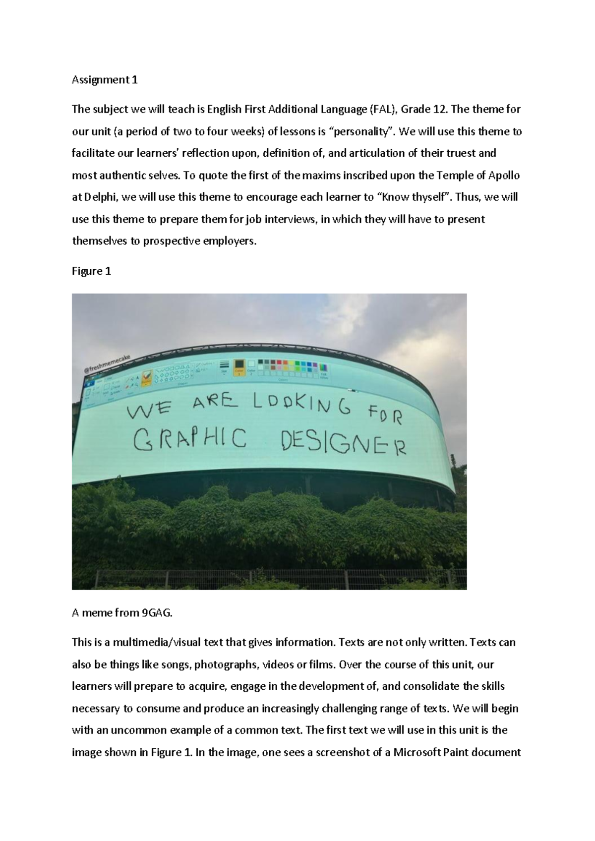 Example 2023 Formal Assignment 1 Text-based lesson - Assignment 1 The ...