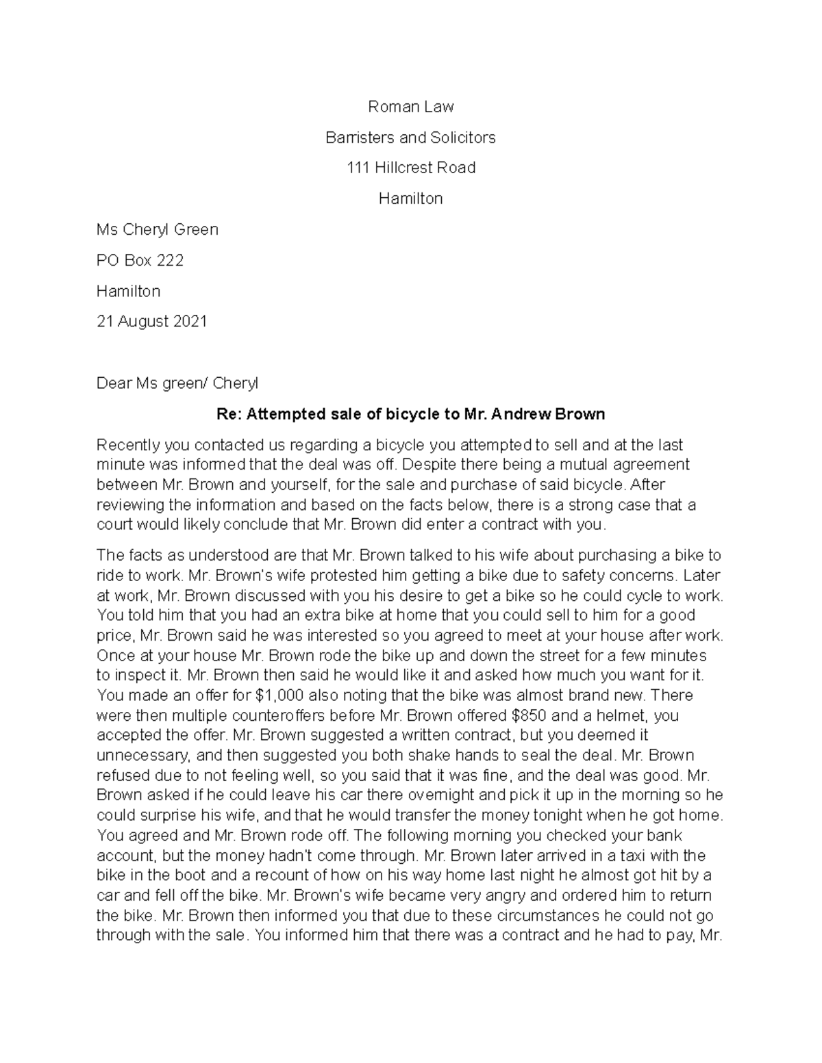 Client Advice letter - Grade: 73% - Roman Law Barristers and Solicitors ...